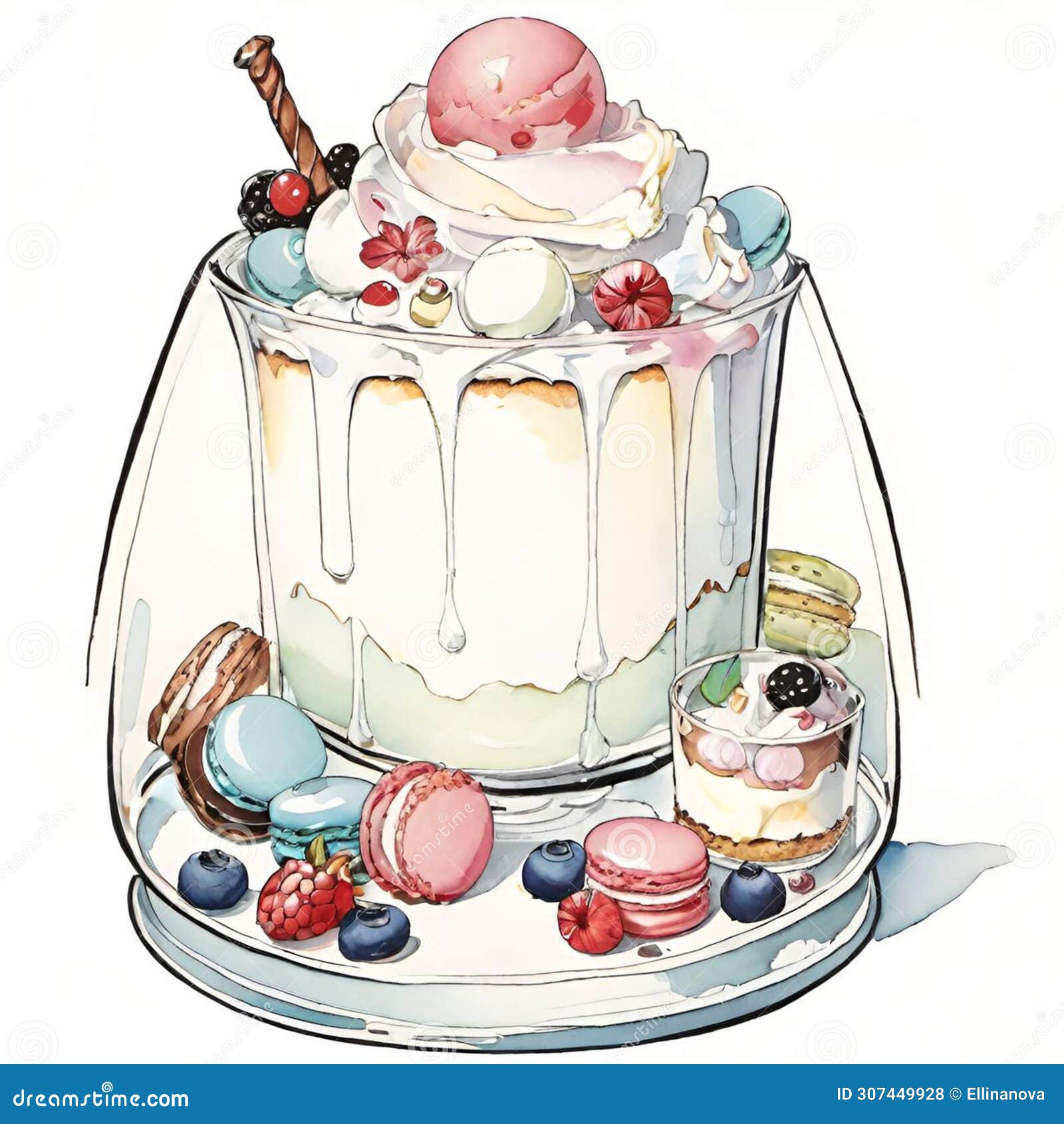 Watercolor Beautiful Dessert with Berry and Candy Stock Illustration ...