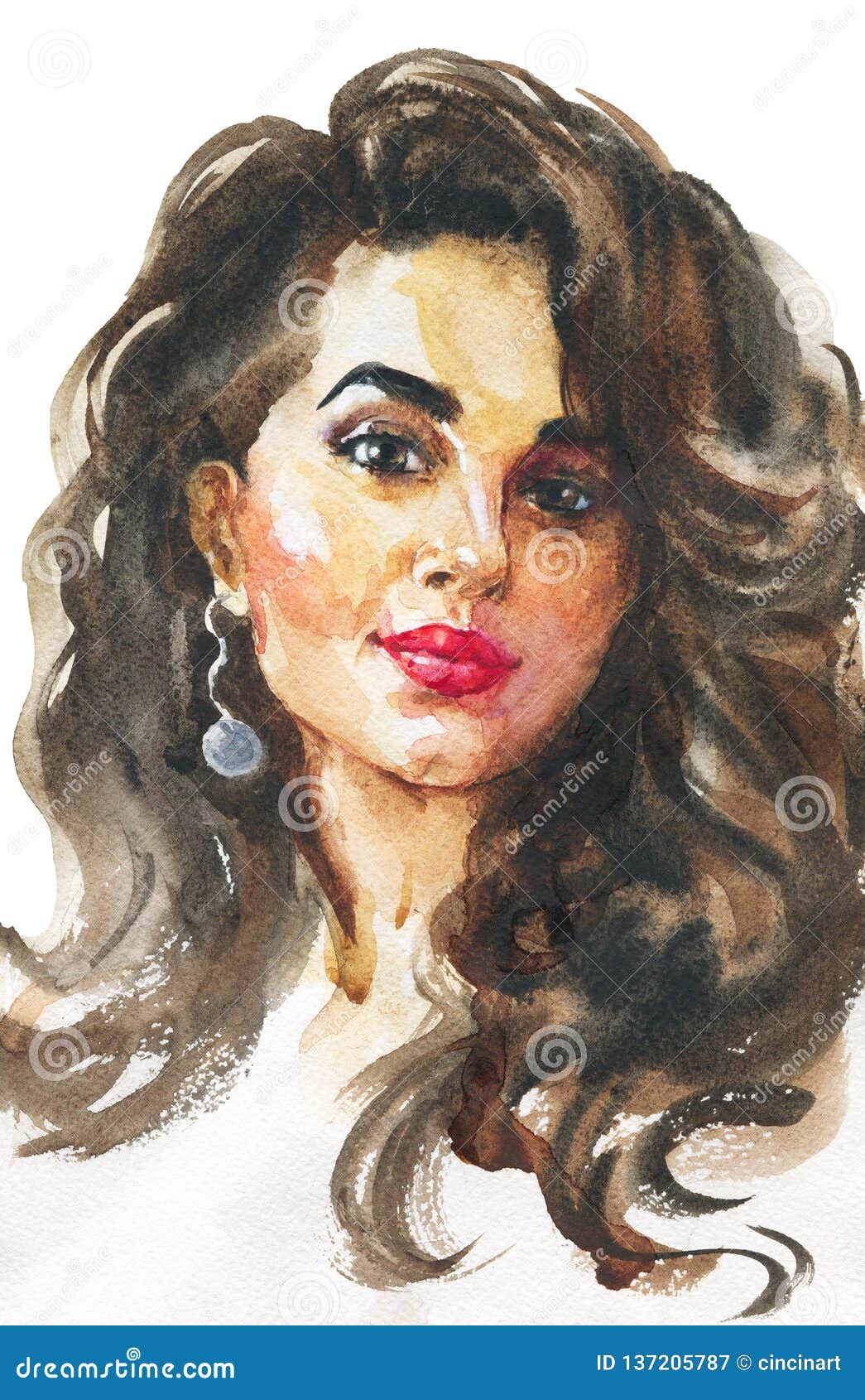 Watercolor Portrait Of Beautiful Woman Stock Illustration