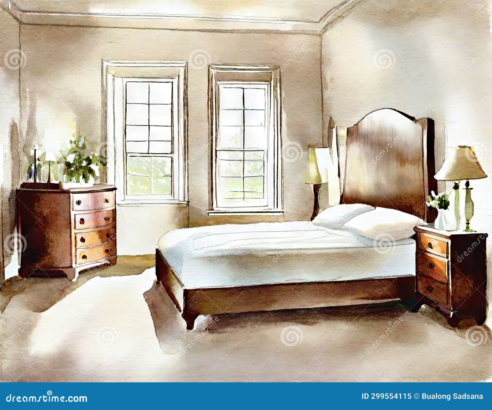 Watercolor of Bedroom with an Empty Stock Illustration - Illustration ...