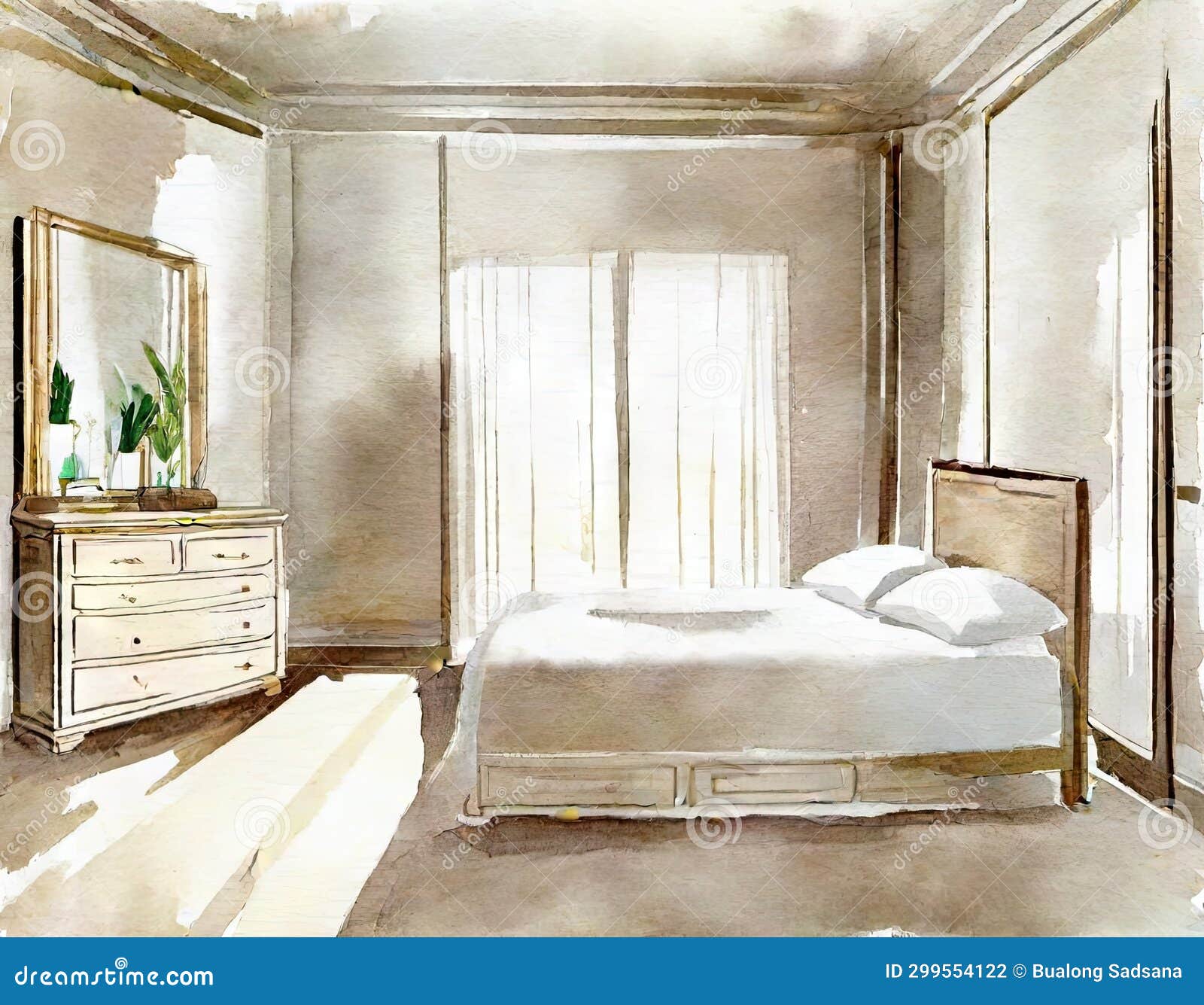Watercolor of Bedroom with an Empty Stock Illustration - Illustration ...