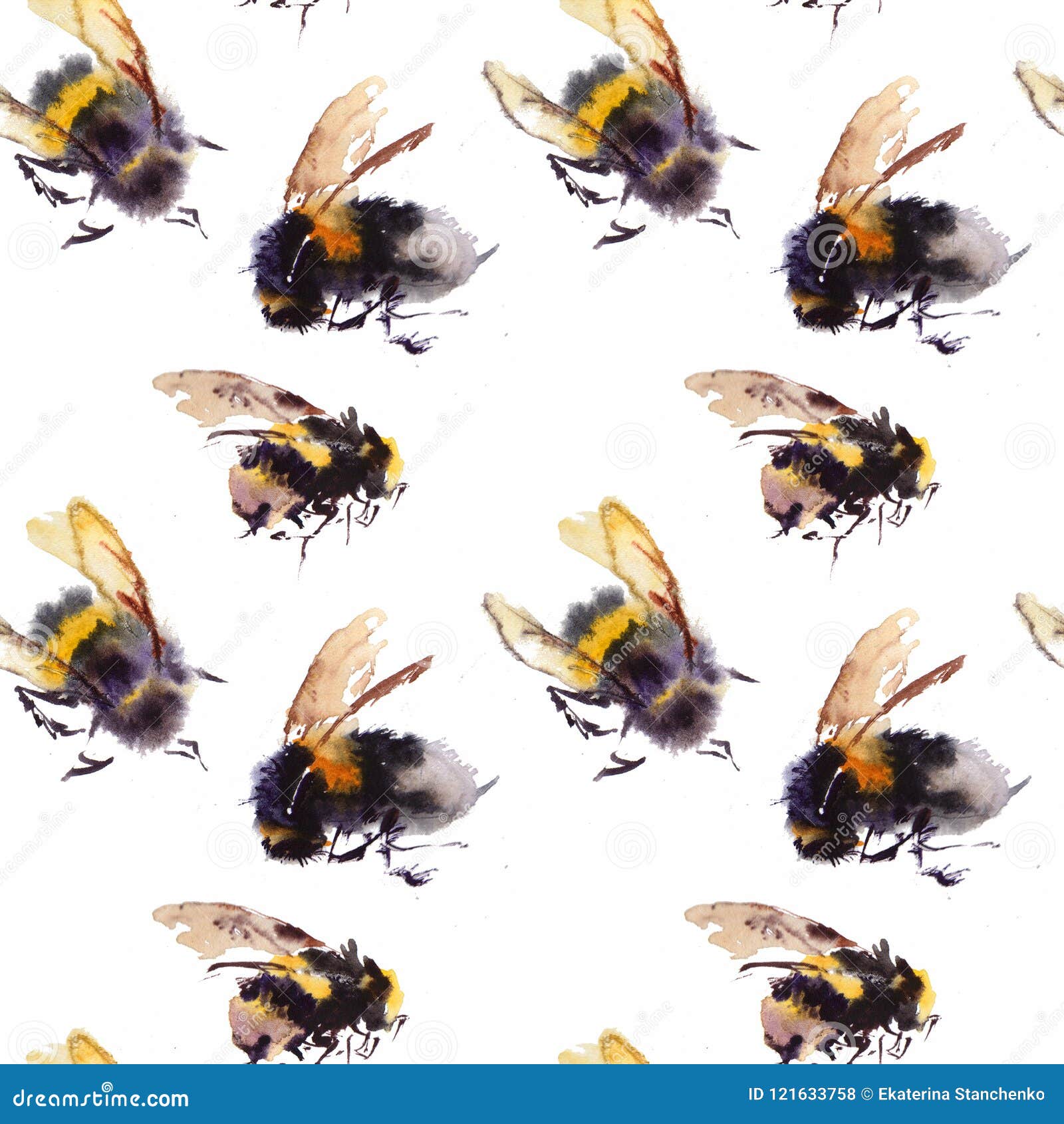 Watercolor Bees Seamless Pattern Isolated On White Background. Hand ...