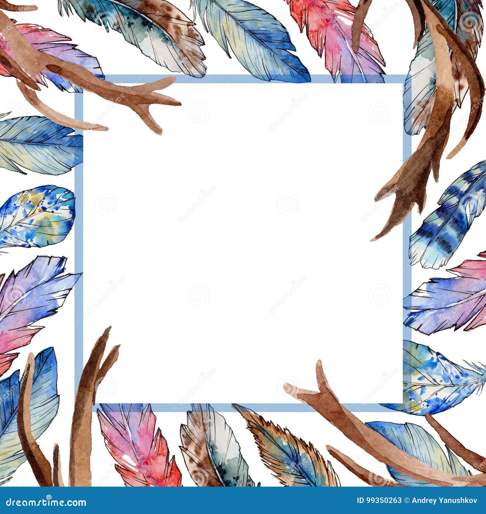 Watercolor Bird Feather Frame from Wing. Stock Illustration ...