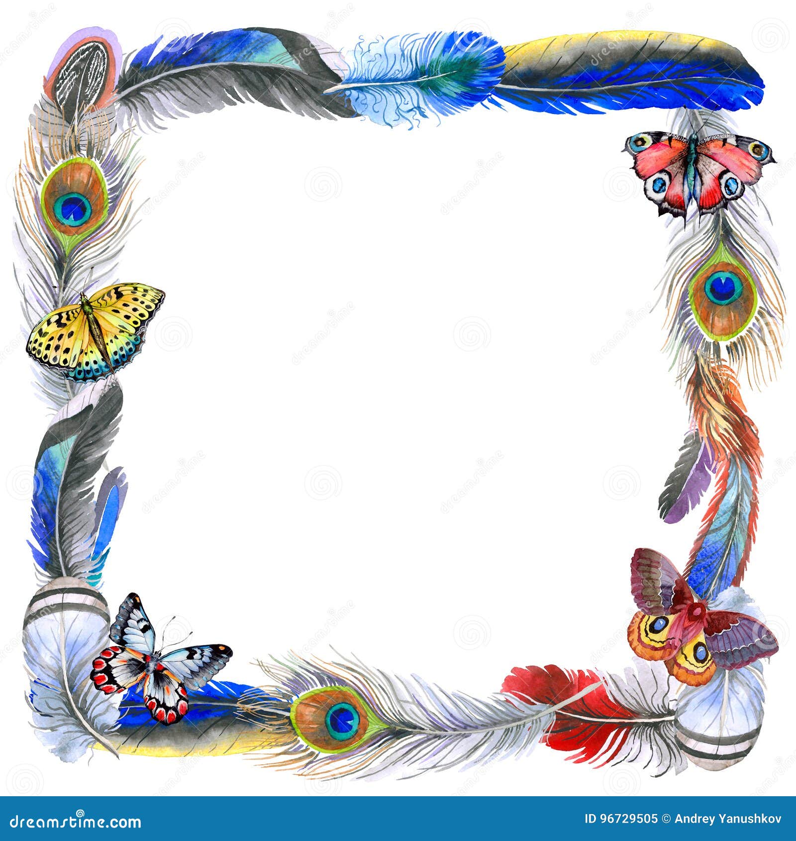 Watercolor Bird Feather Frame from Wing. Stock Illustration ...
