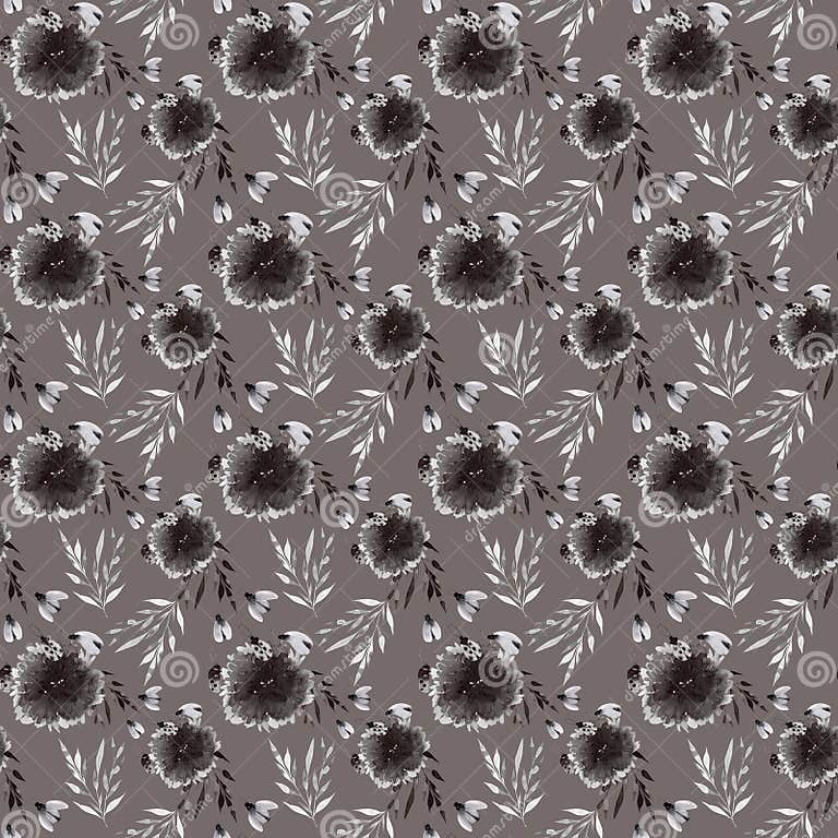 Watercolor Black and White Seamless Pattern with Plants and Beetles ...