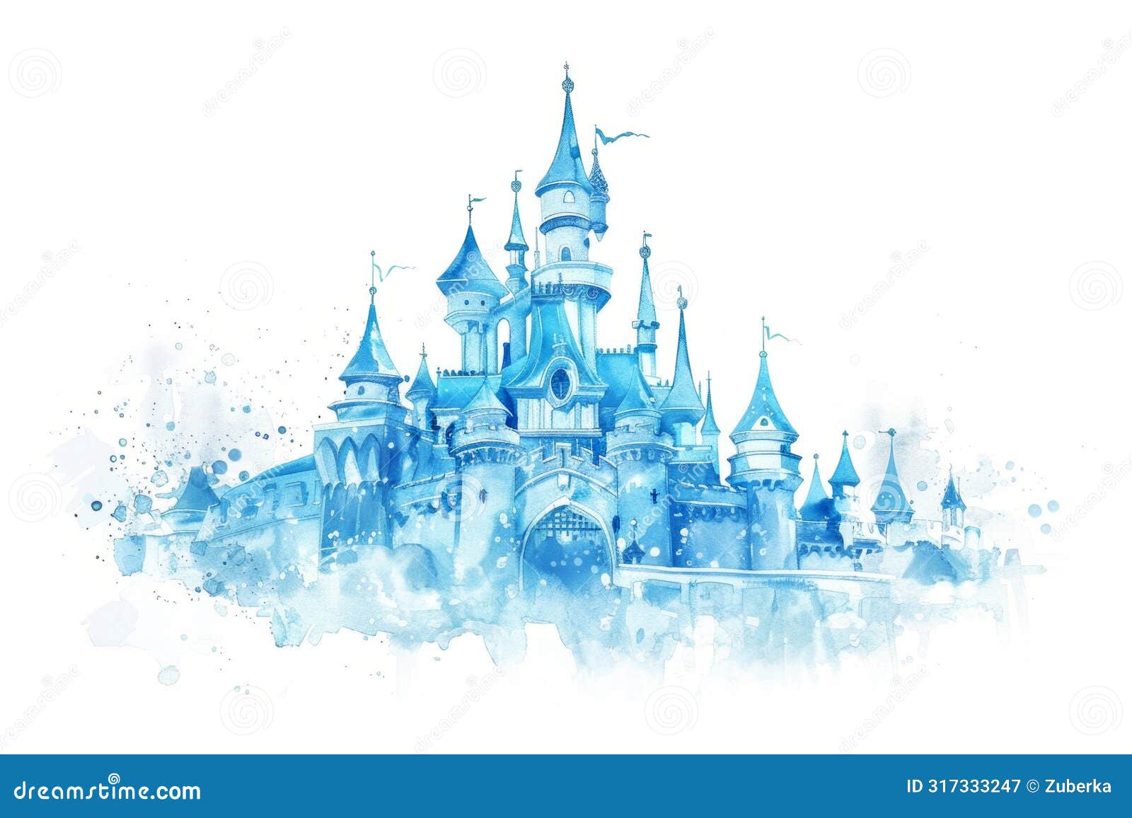 Watercolor Blue Castle Isolated Stock Illustration - Illustration of ...