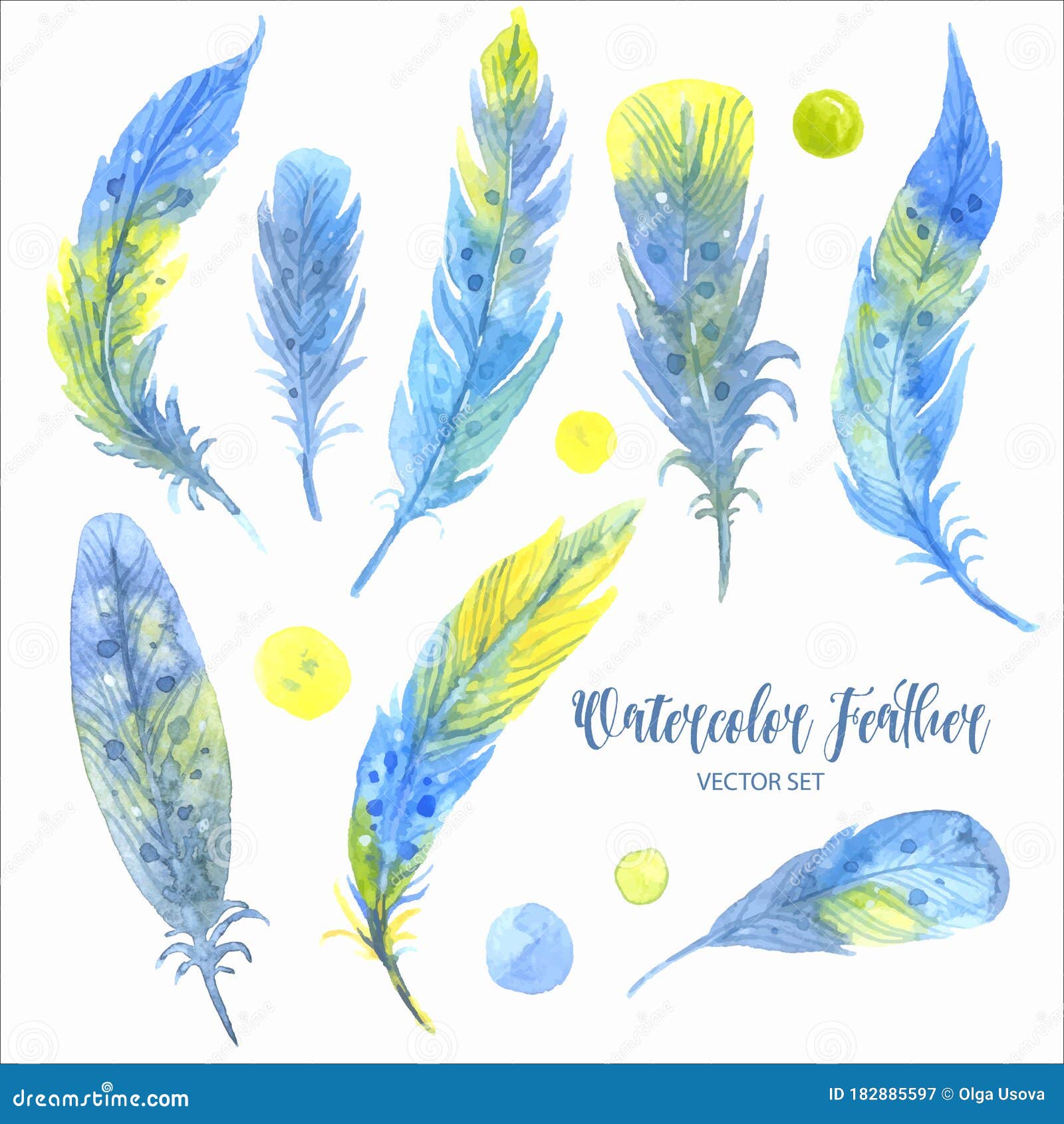 Watercolor Blue Feather Set. Hand Drawn Vector Illustration Stock ...