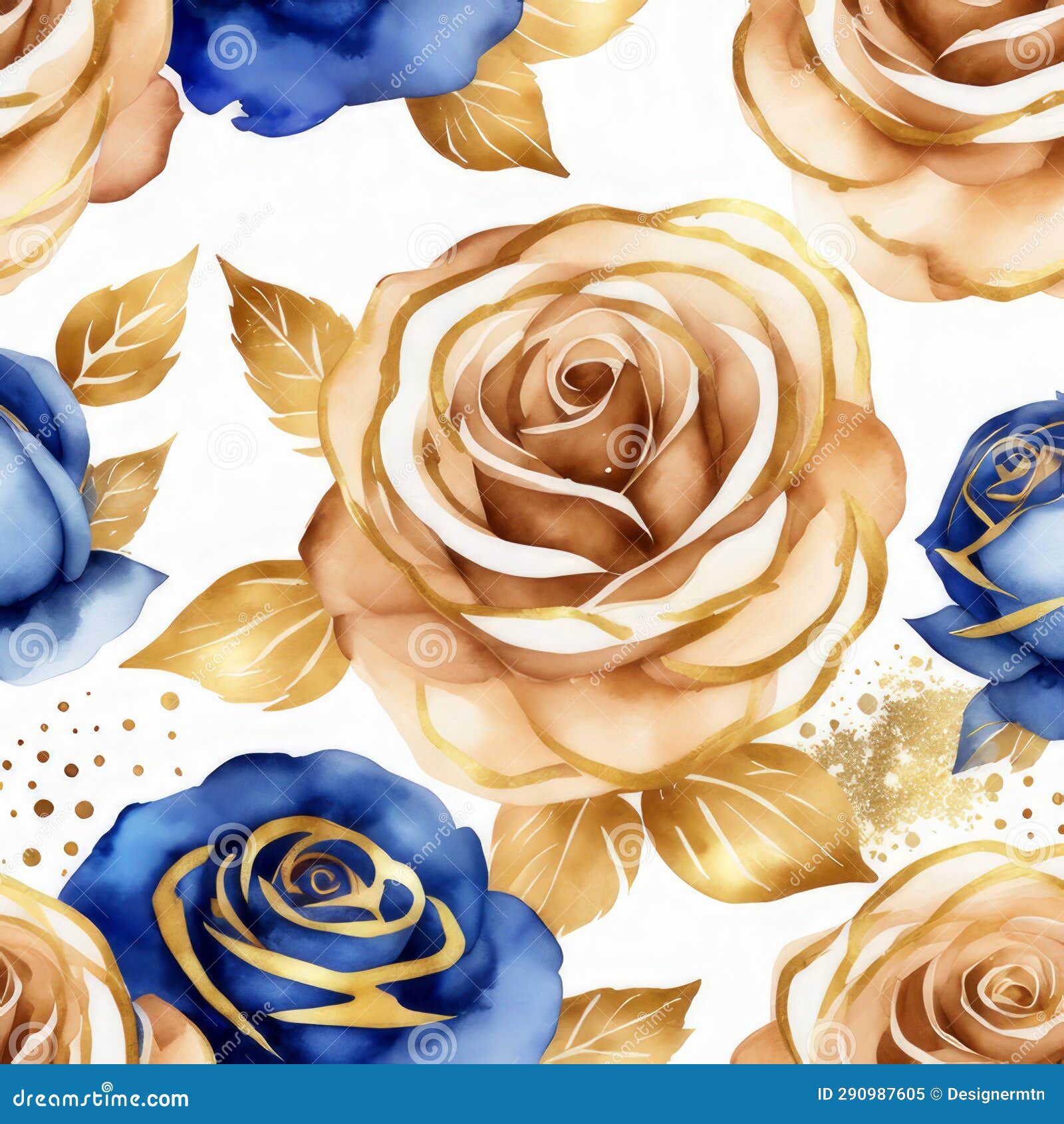 Watercolor Blue and Gold Color Rose Illustration Pattern. Wallpaper ...