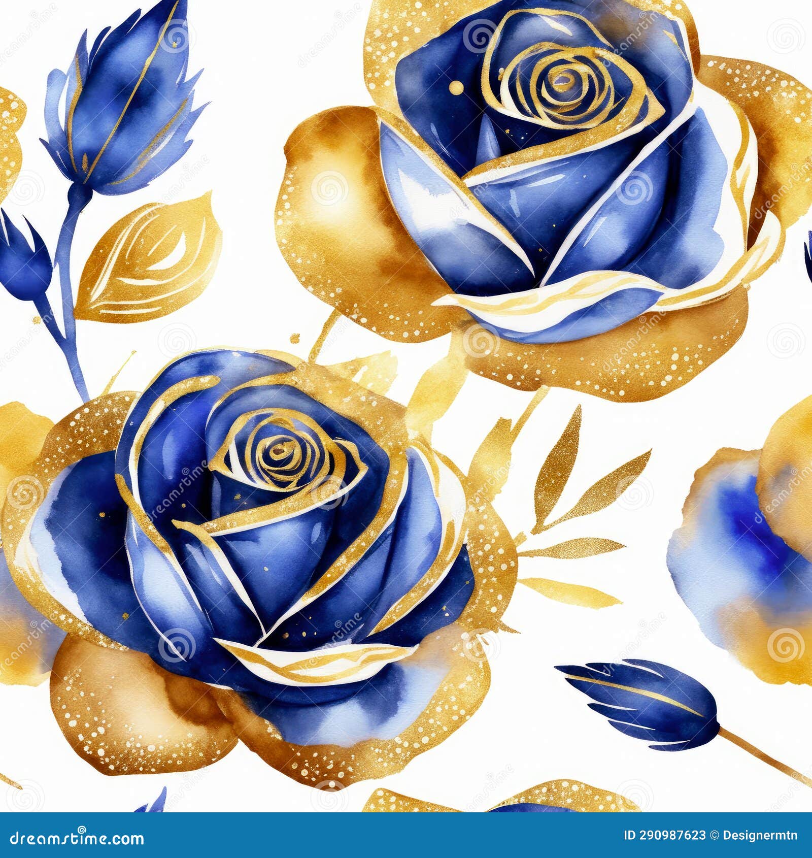 Watercolor Blue and Gold Color Rose Illustration Pattern. Wallpaper ...