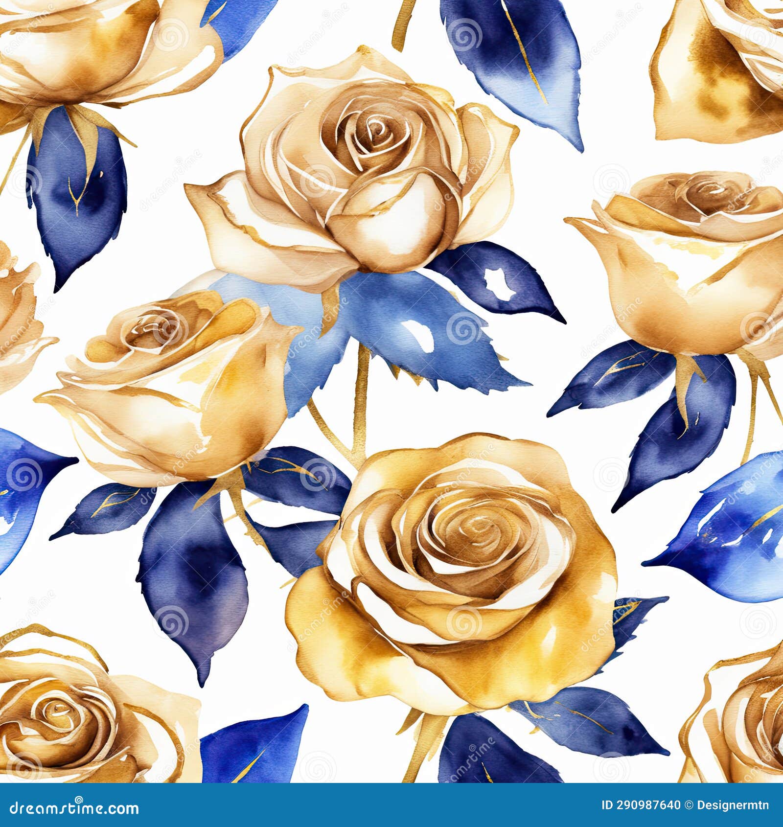 Watercolor Blue and Gold Color Rose Illustration Pattern. Wallpaper ...
