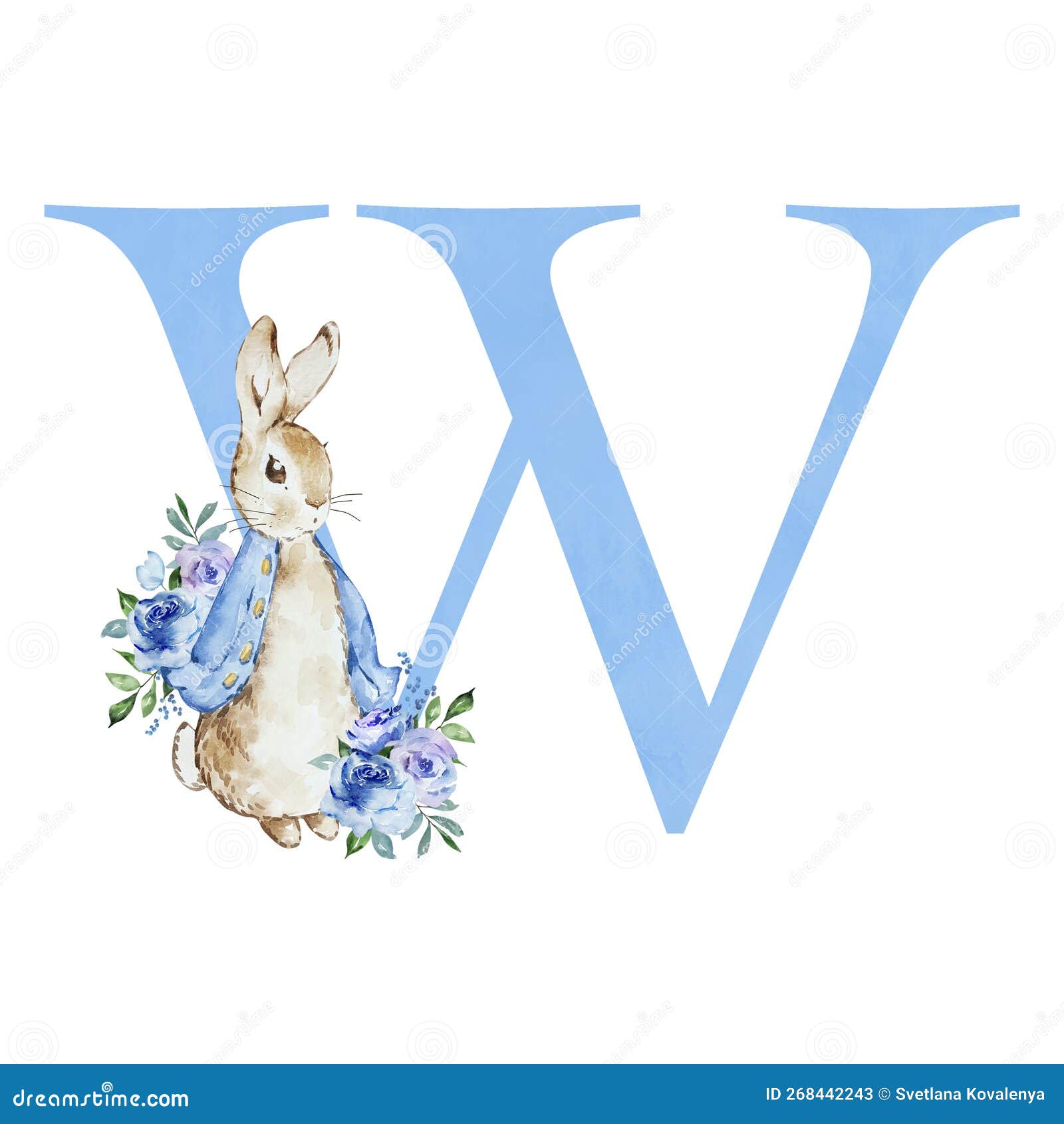 Watercolor Blue Letter W with Peter Rabbit Stock Image - Image of funny ...