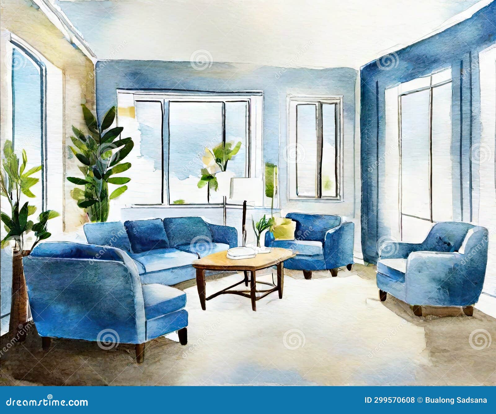 Watercolor of Blue Living Room Designed for a Tranquil AI Stock Illustration - Illustration of ...