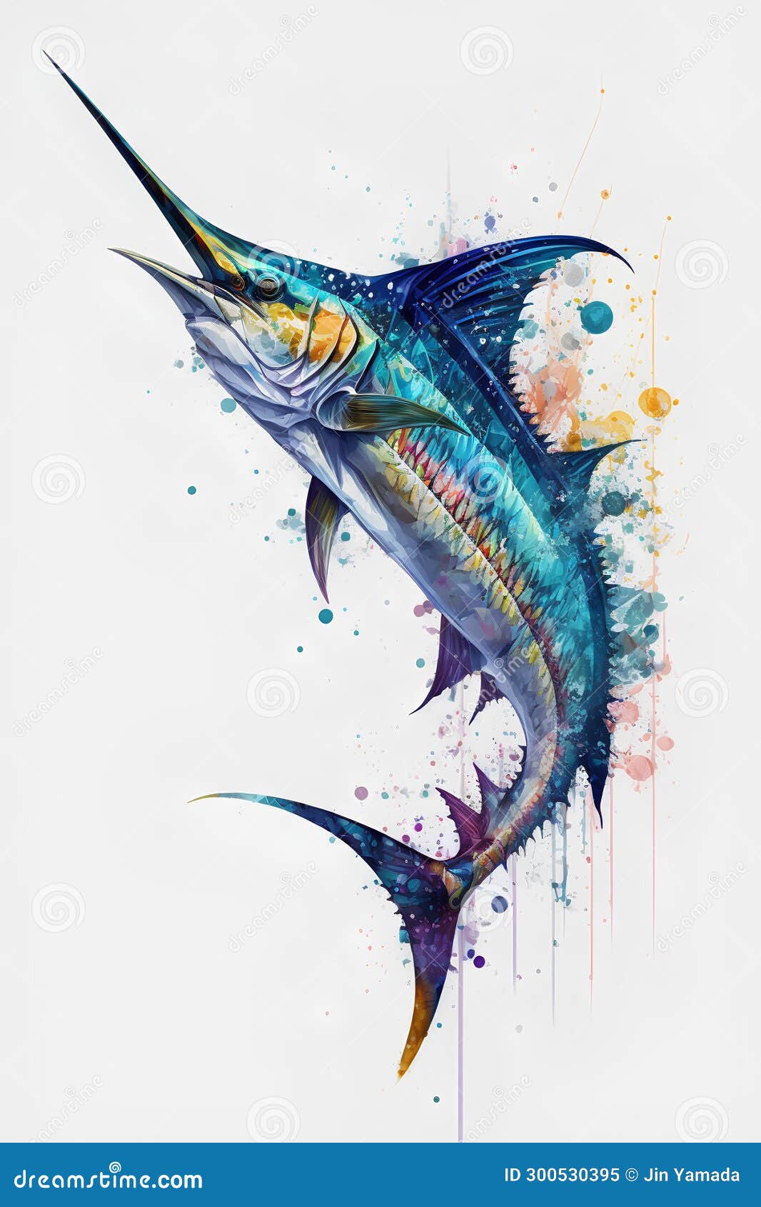 Watercolor Blue Marlin Fish on a White Background with Splashes Stock ...