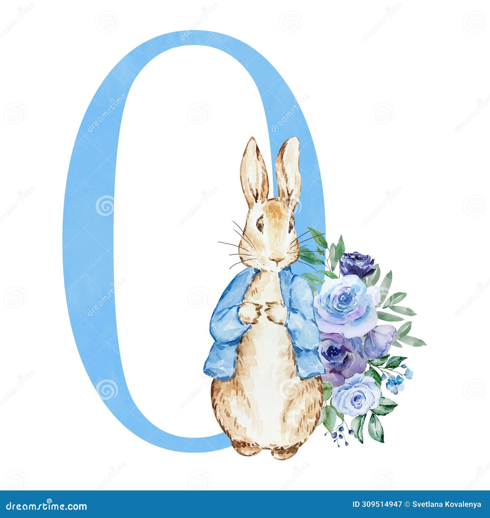Watercolor Blue Number 0 with Peter Rabbit Stock Illustration ...