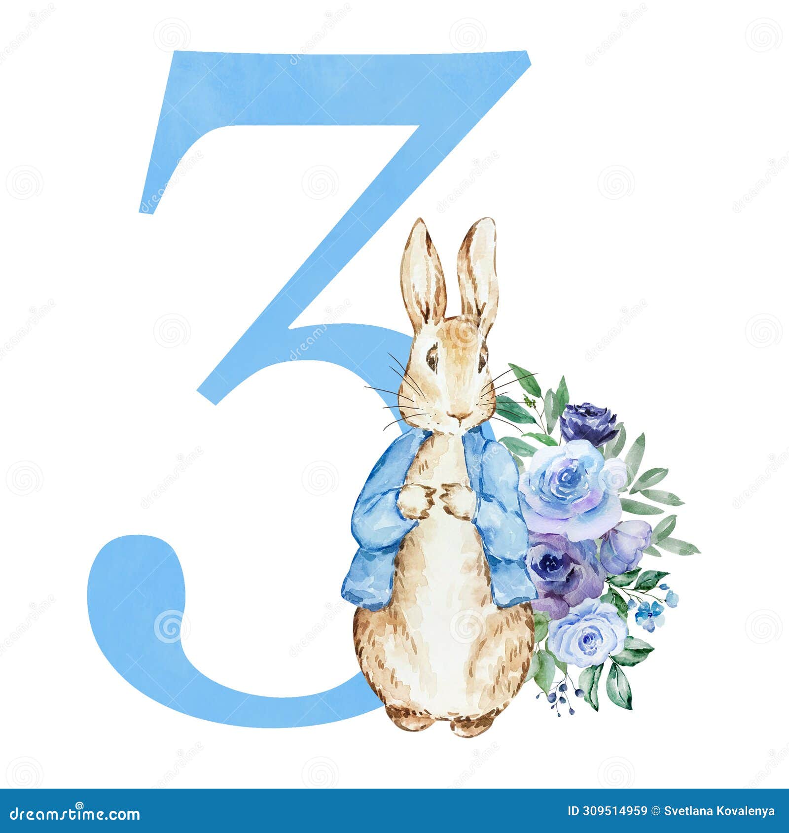 Watercolor Blue Number 3 with Peter Rabbit Stock Illustration ...
