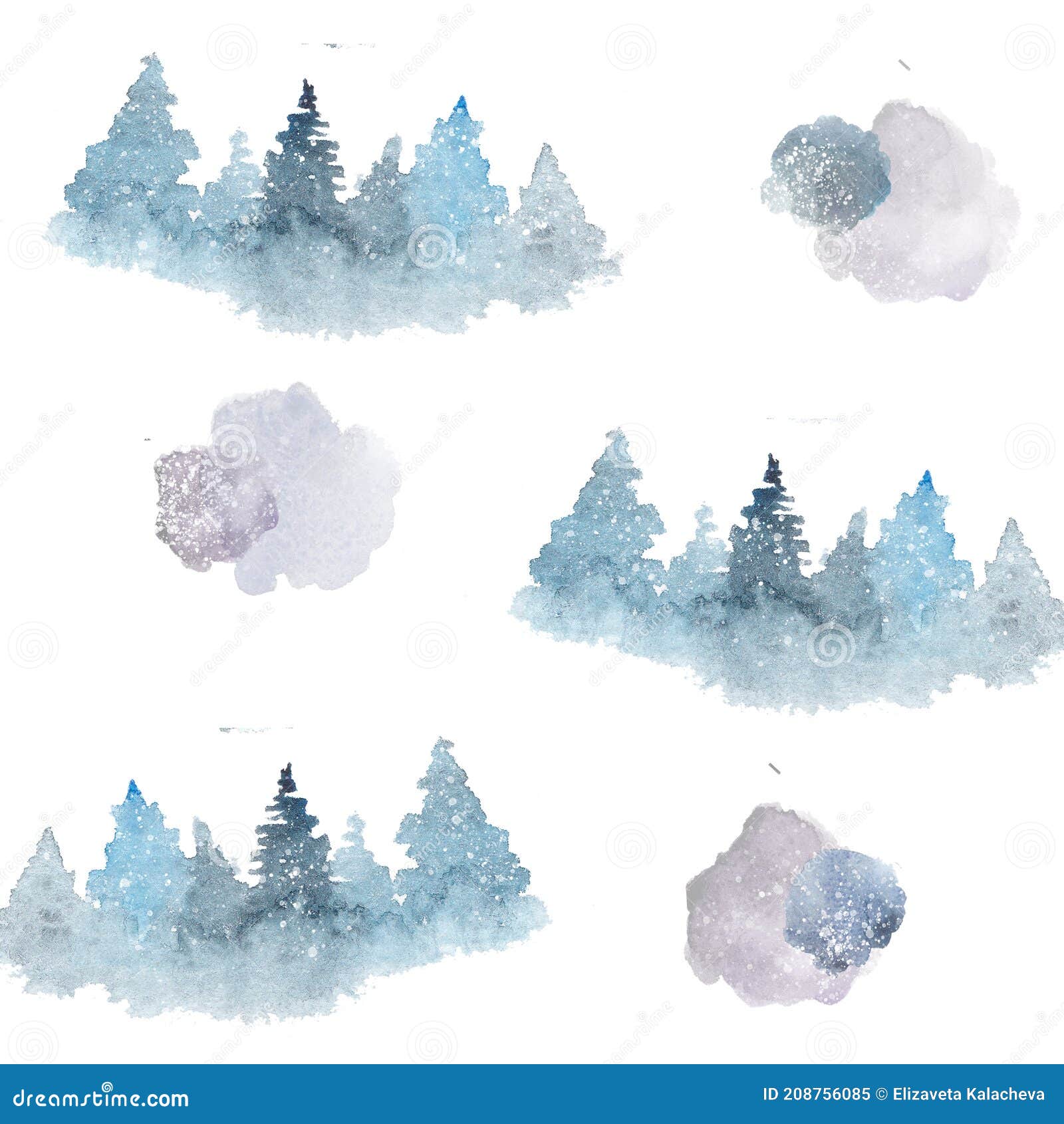 Watercolor Blue Pine Spruce Forest with Watercolor Splach Seamless ...