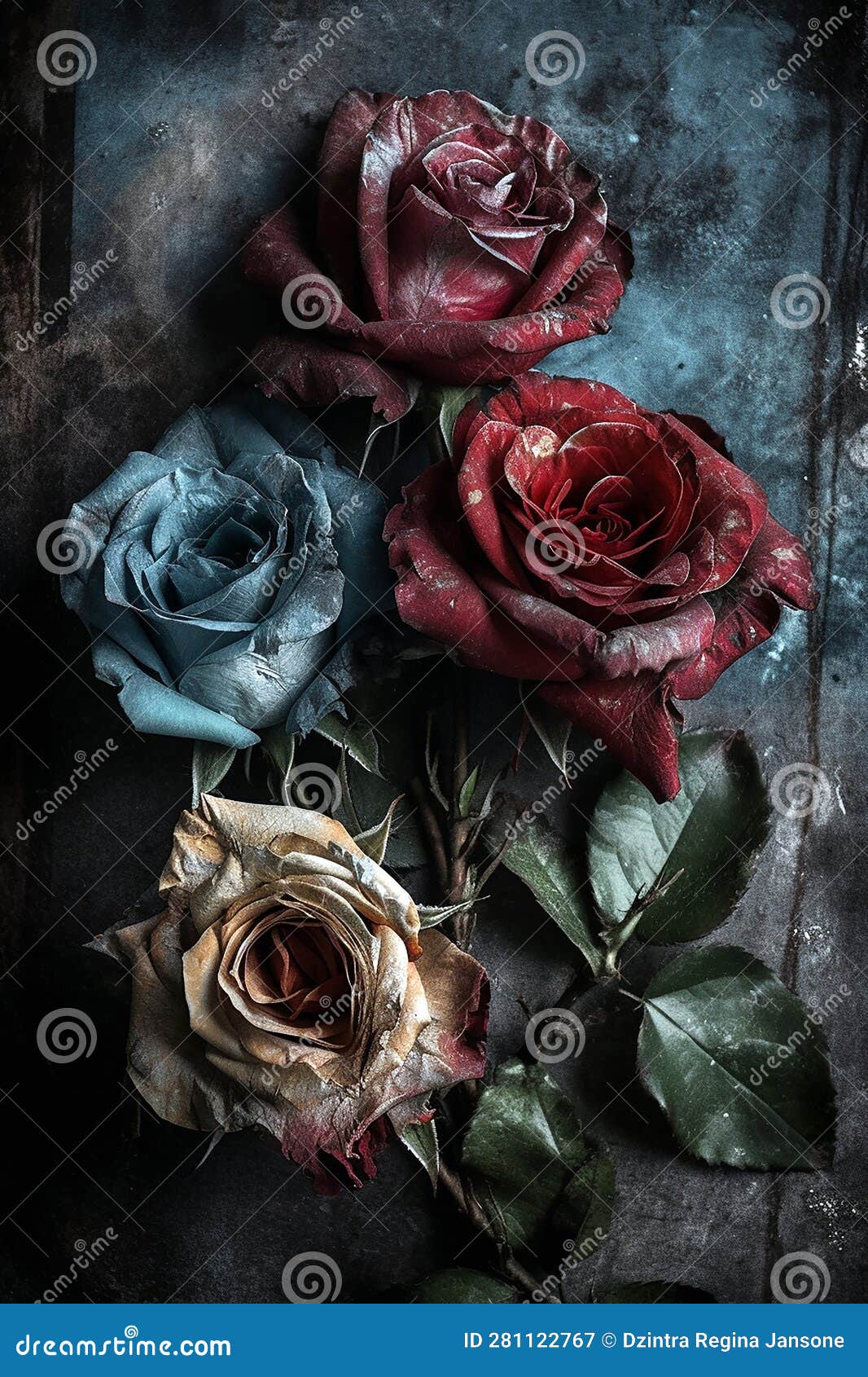 - Watercolor, Blue and Red Roses are on an Old Canvas Wall, 1 ...