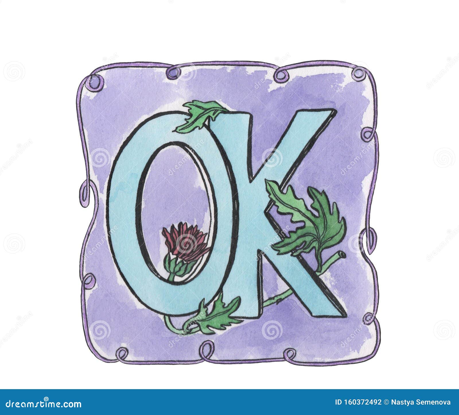 Watercolor Blue Sign OK with Green Flower Elements Stock Illustration ...