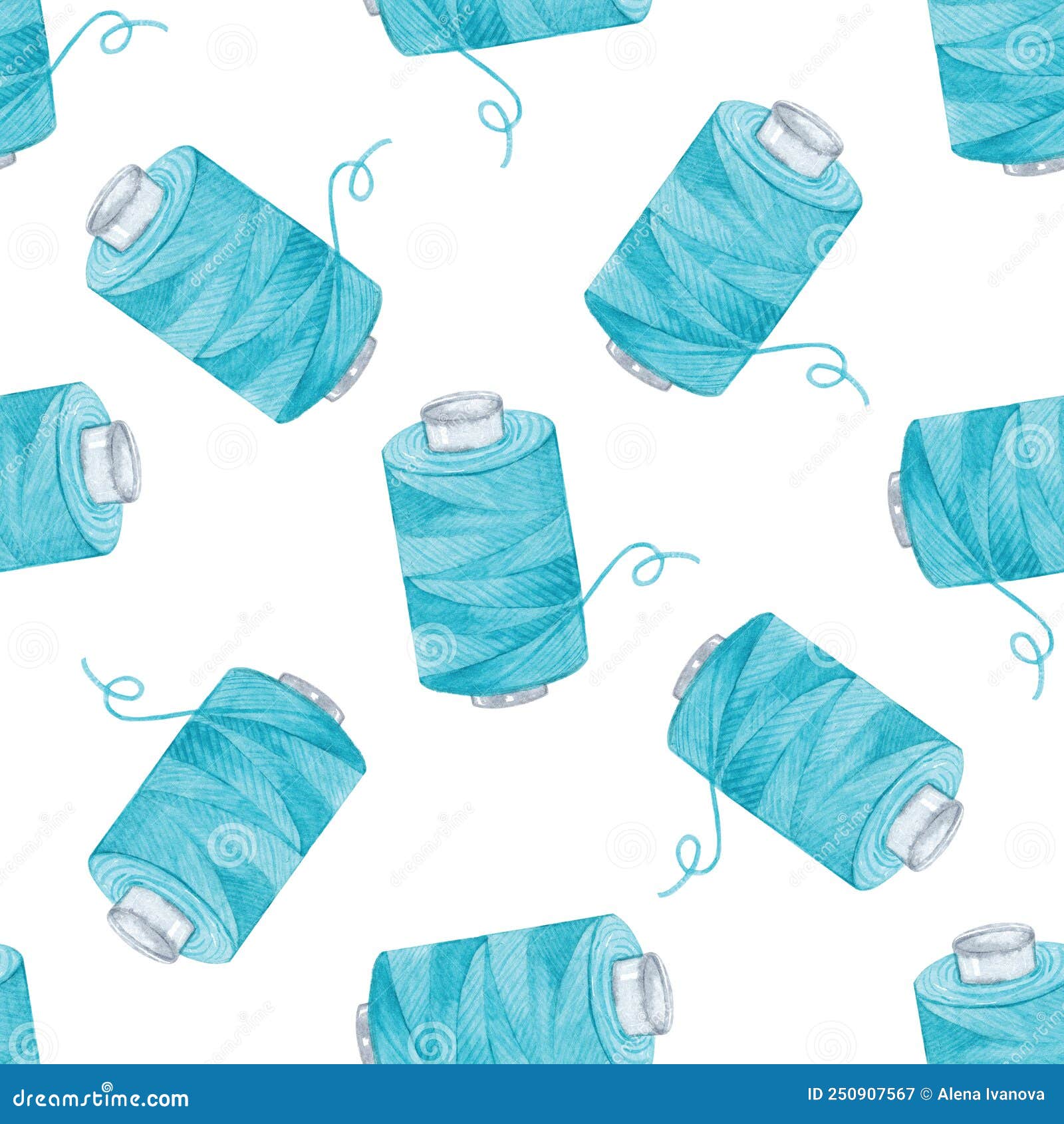 Watercolor Blue Thread Bobbin Seamless Pattern on White Stock ...