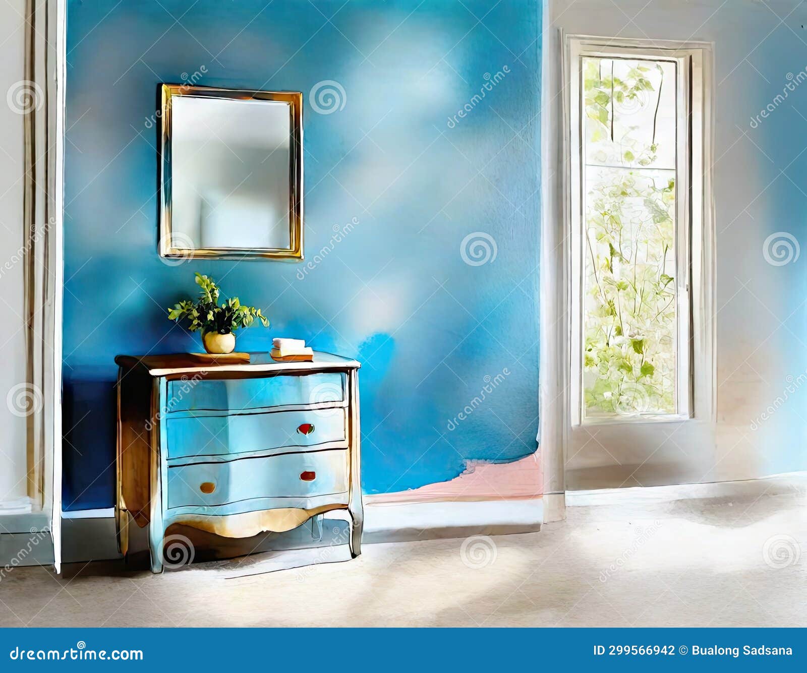 Watercolor of Blue Wall Commode Decor in Living Stock Illustration ...