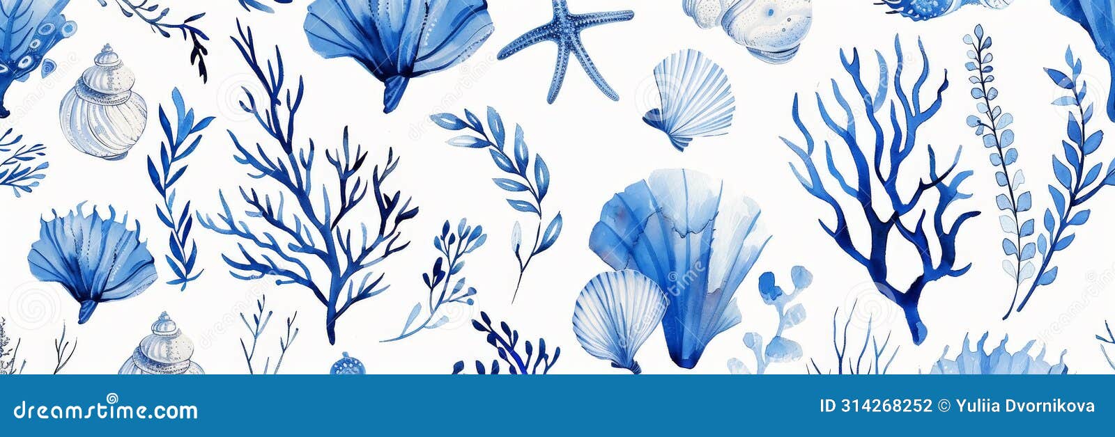 Watercolor Blue and White Aesthetic Background with Seashells and ...