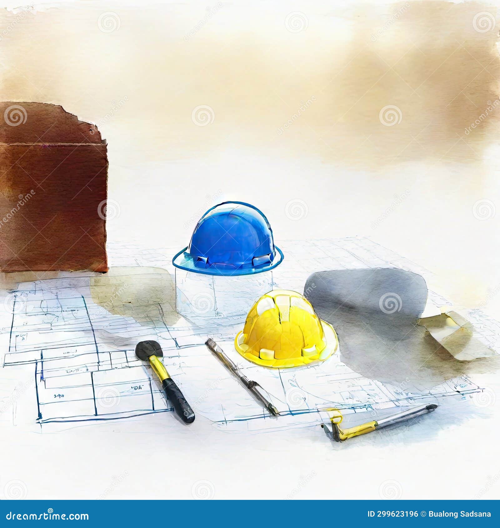 Watercolor of Blueprint with a Hard Hat Sitting on Stock Illustration ...