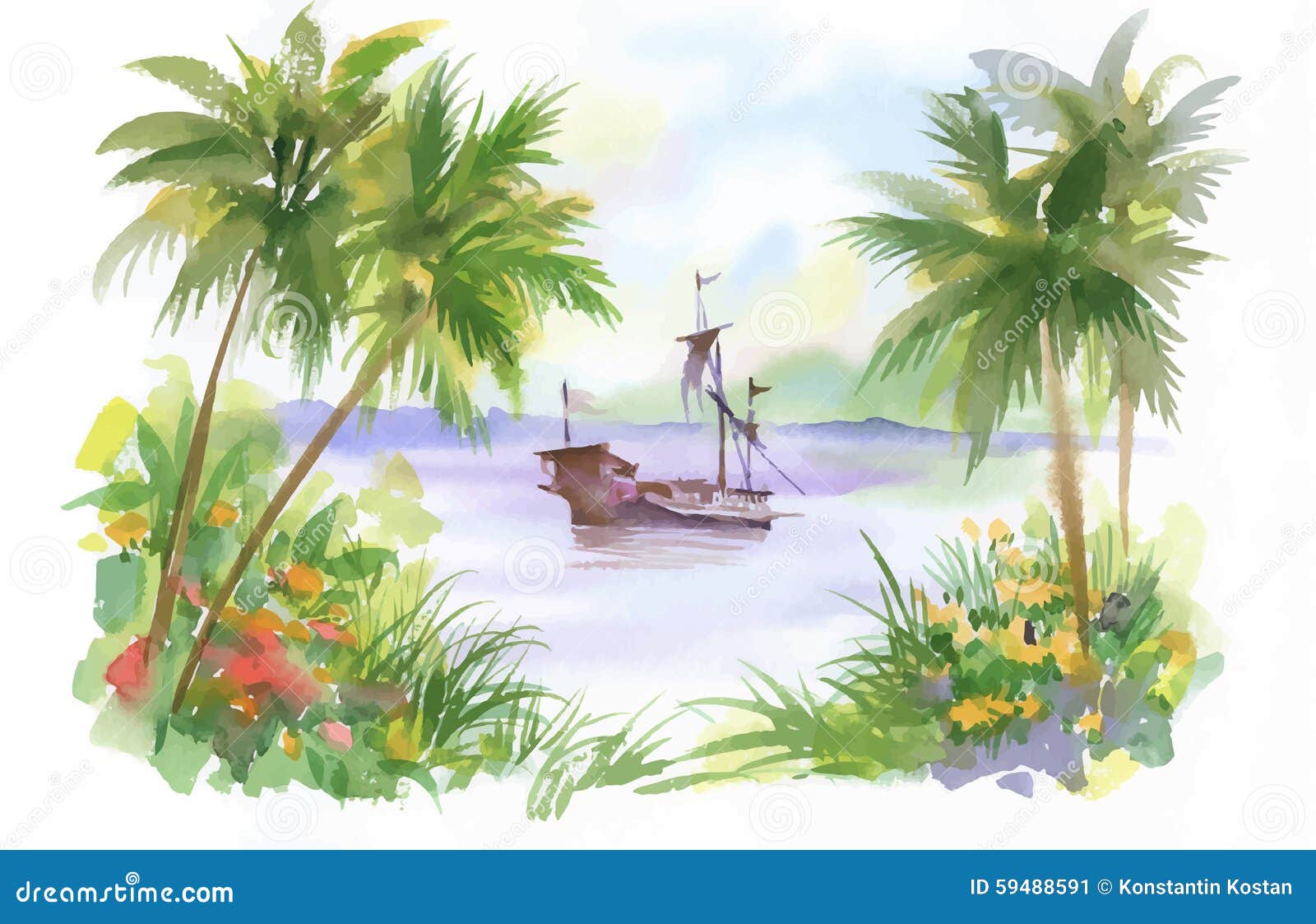 Watercolor Boat on River Water Vector Illustration Stock Vector ...