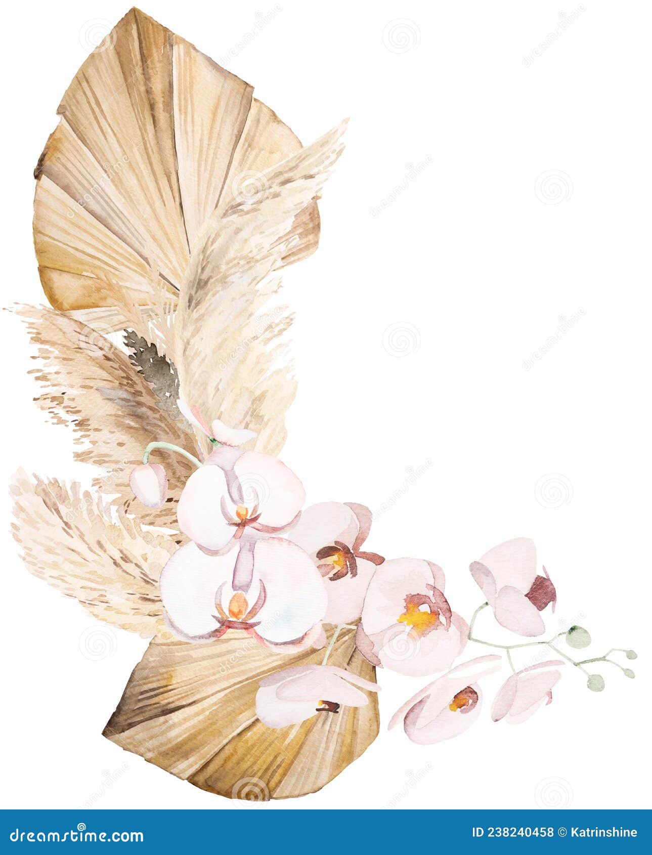 Watercolor Bohemian Bouquet With Dried Leaves And Tropical Flowers Illustration Stock