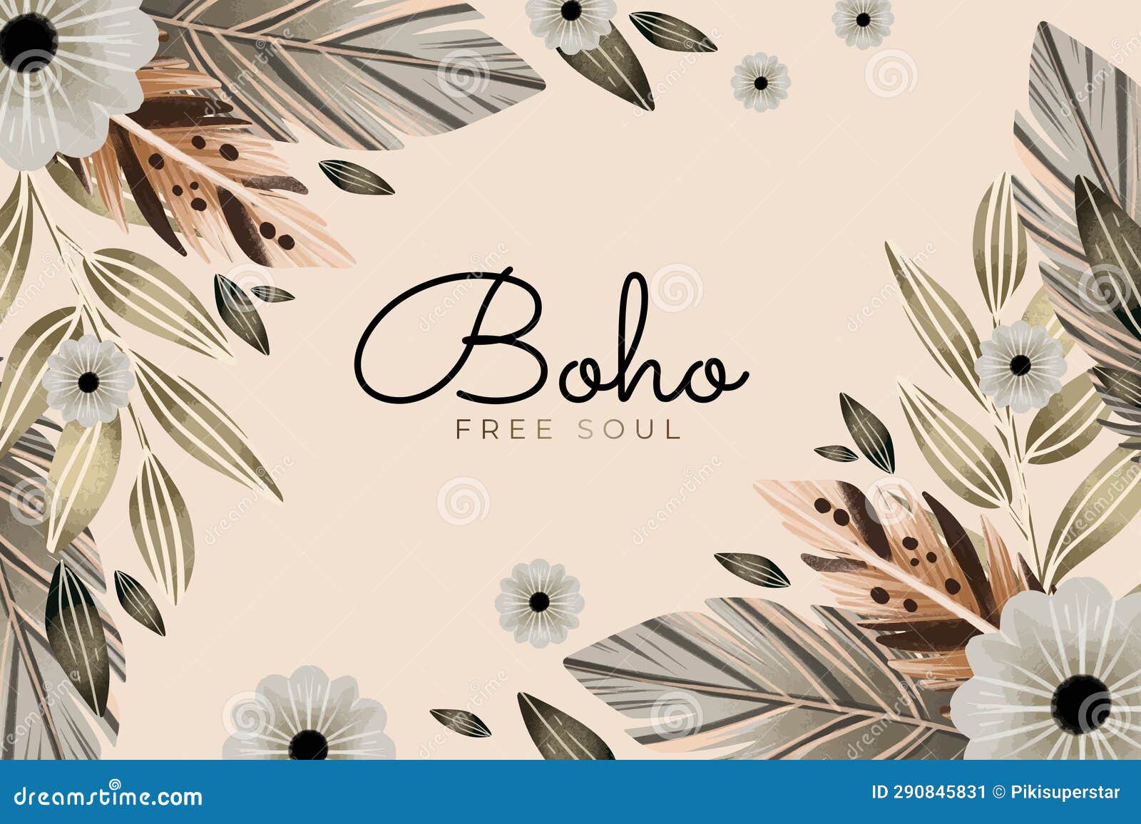 Watercolor Boho Background with Flowers Leaves Vector Design Stock ...