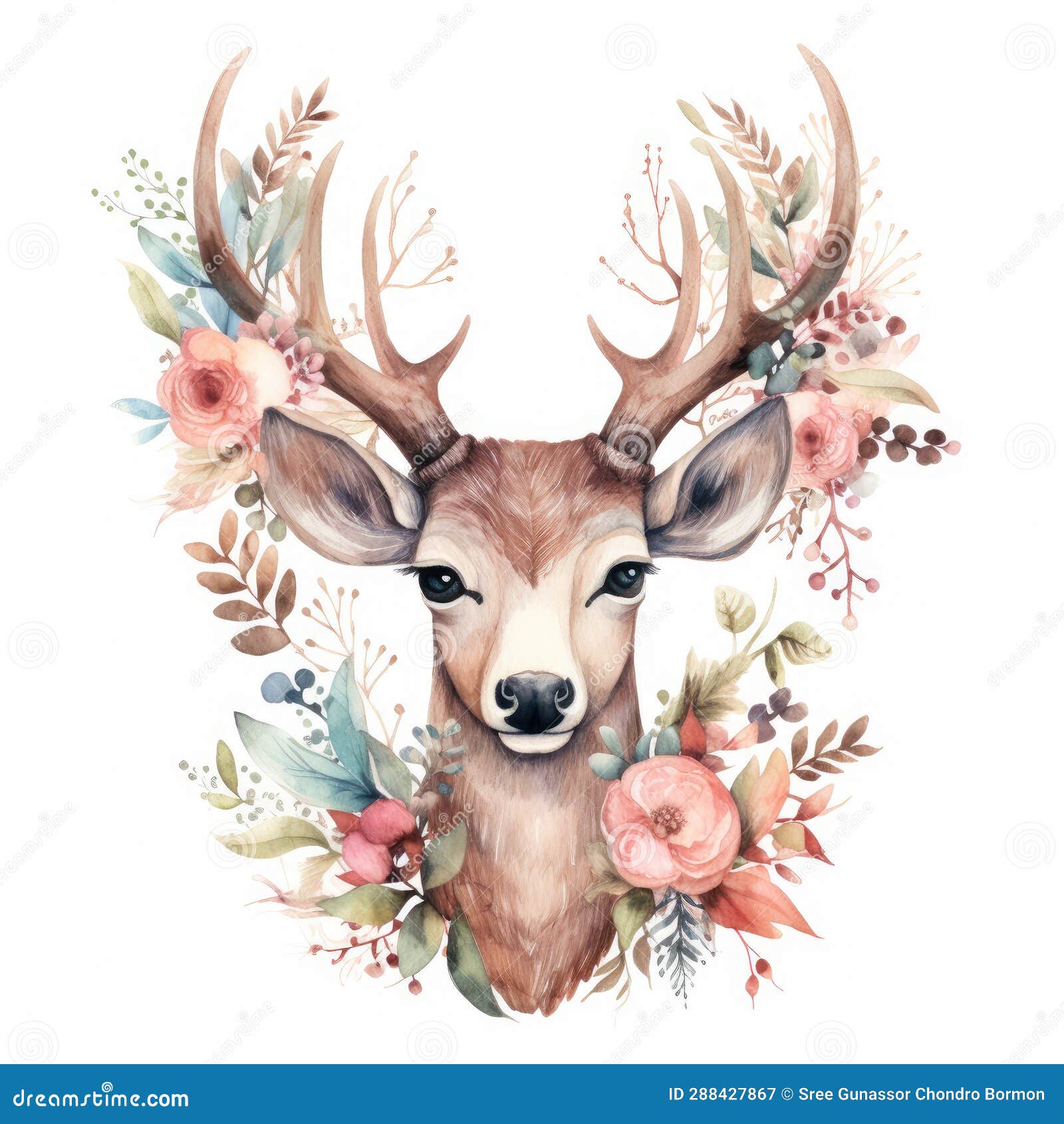 Watercolor Boho Deer with Flower Illustration, Generative Ai Stock ...