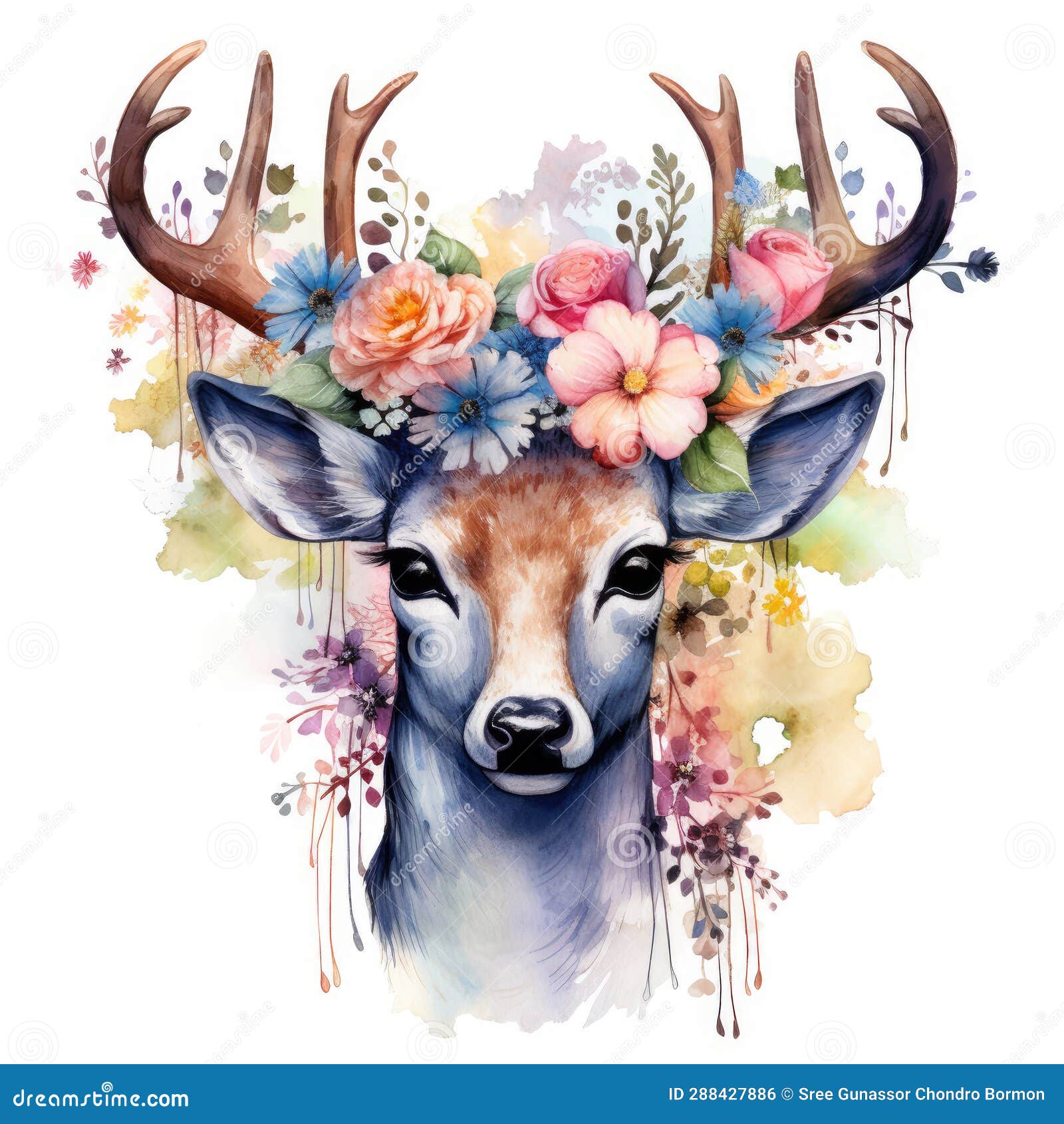 Watercolor Boho Deer with Flower Illustration, Generative Ai Stock ...