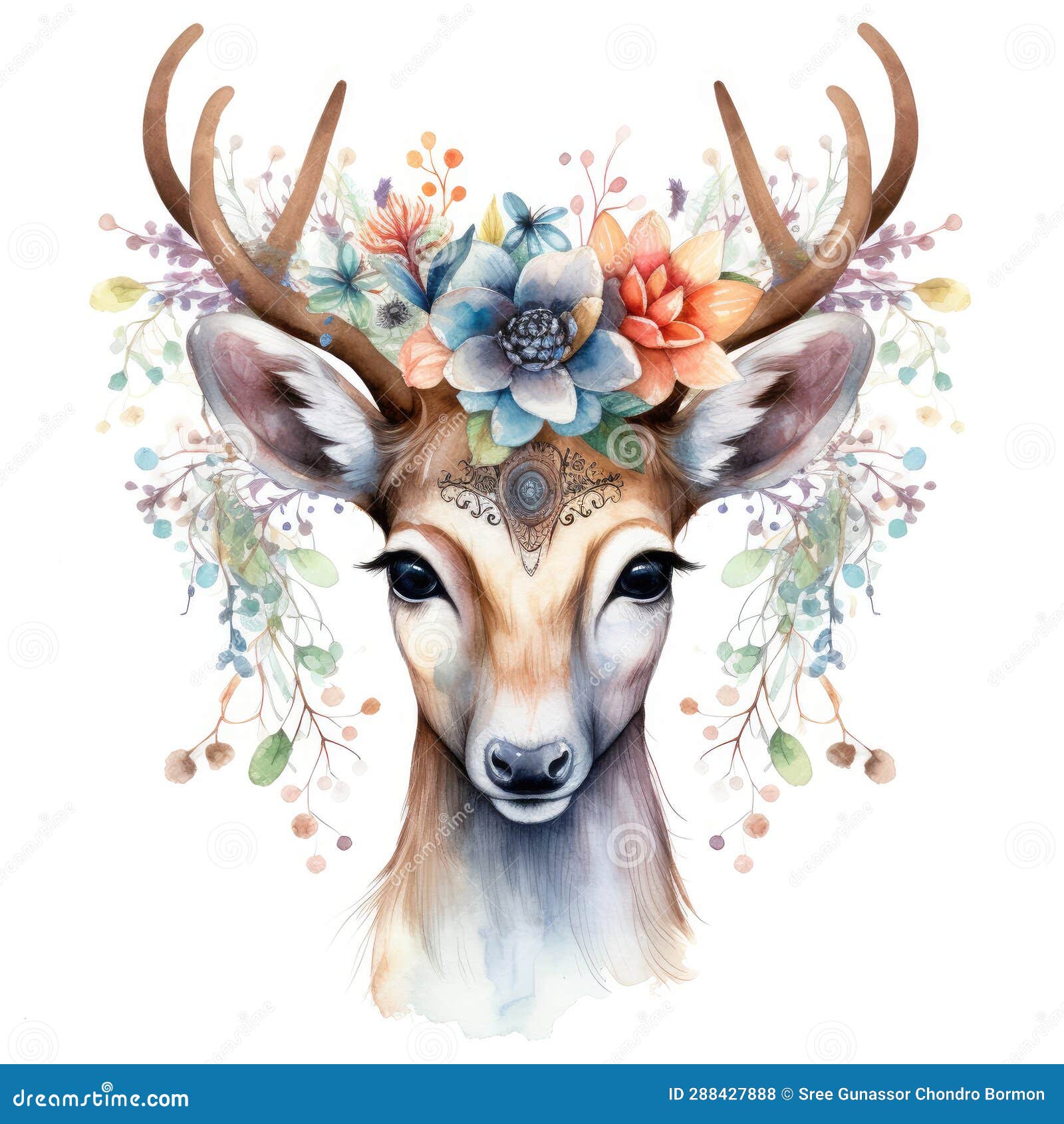 Watercolor Boho Deer with Flower Illustration, Generative Ai Stock ...