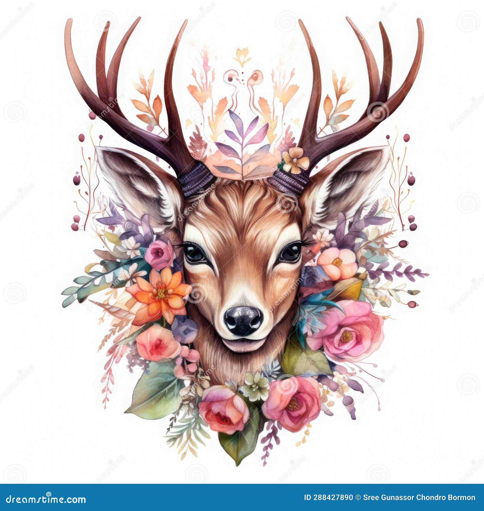 Watercolor Boho Deer with Flower Illustration, Generative Ai Stock ...