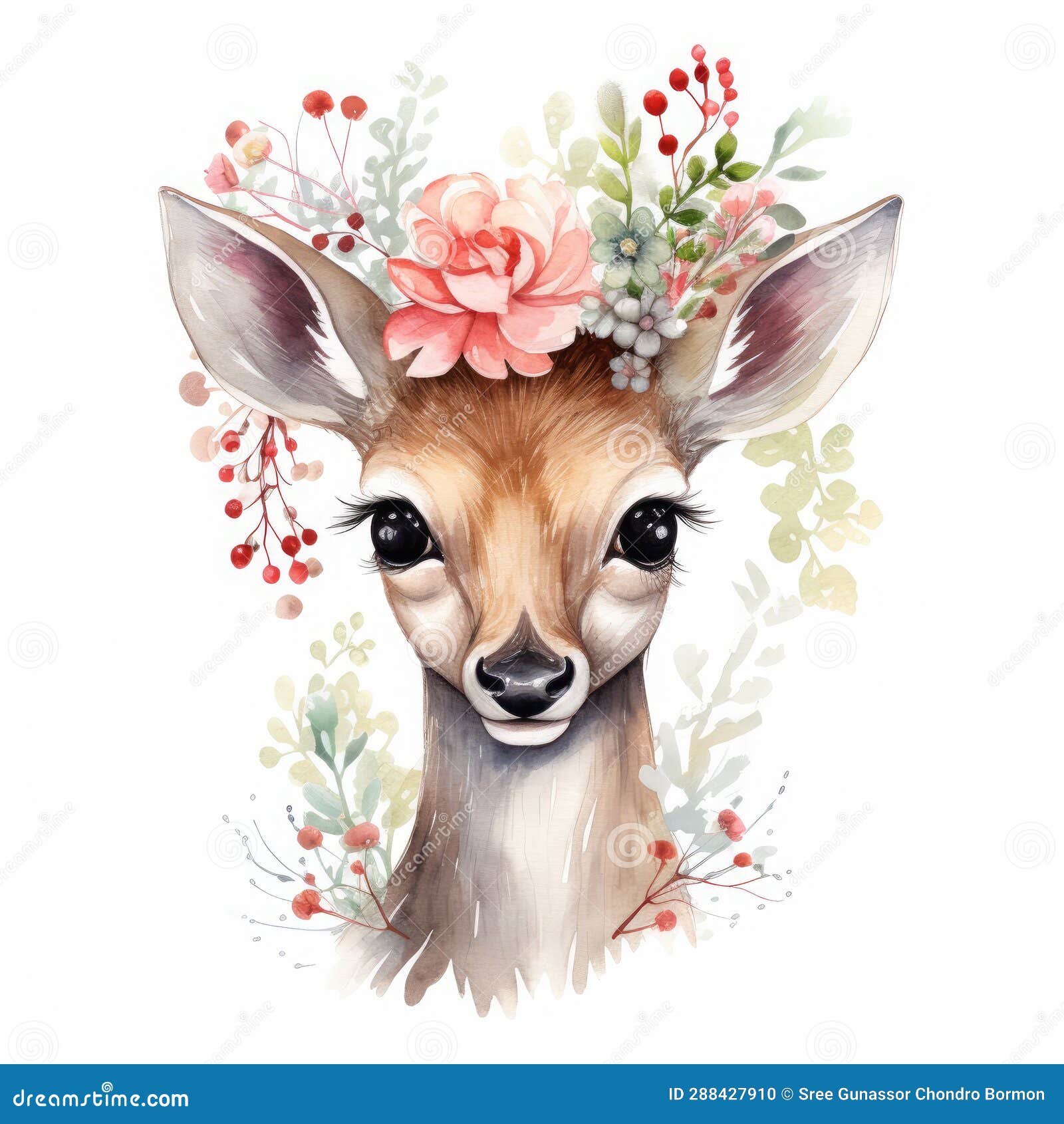 Watercolor Boho Deer with Flower Illustration, Generative Ai Stock Illustration - Illustration ...