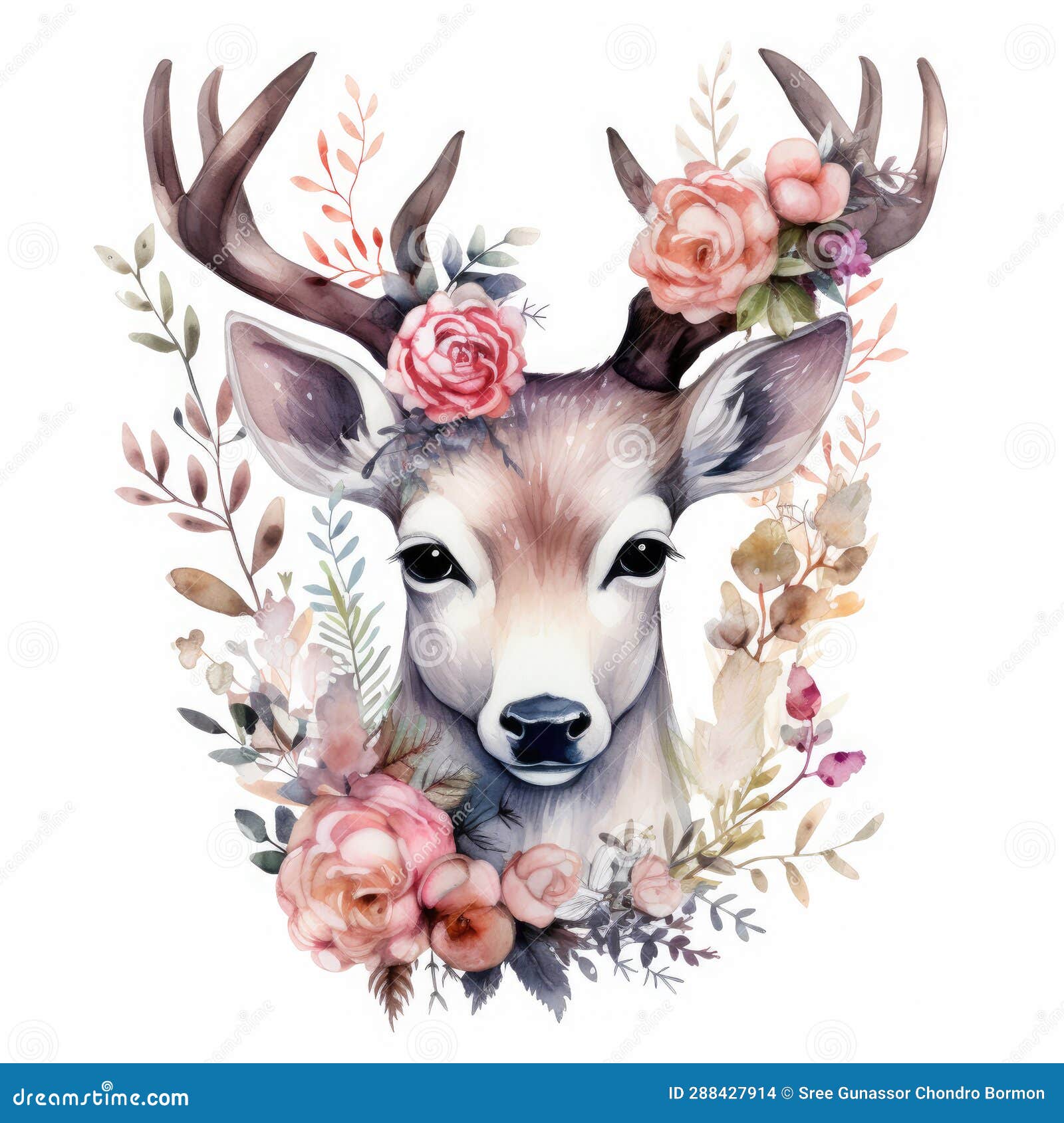 Watercolor Boho Deer with Flower Illustration, Generative Ai Stock ...