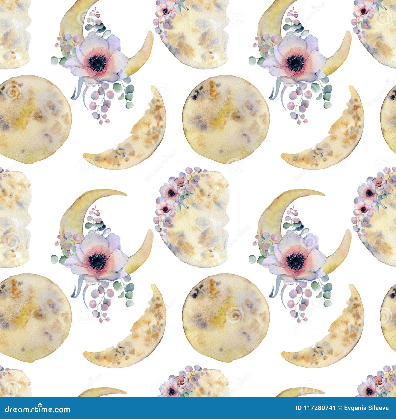 Watercolor Boho Seamless Pattern with Moon Phases Stock Illustration ...