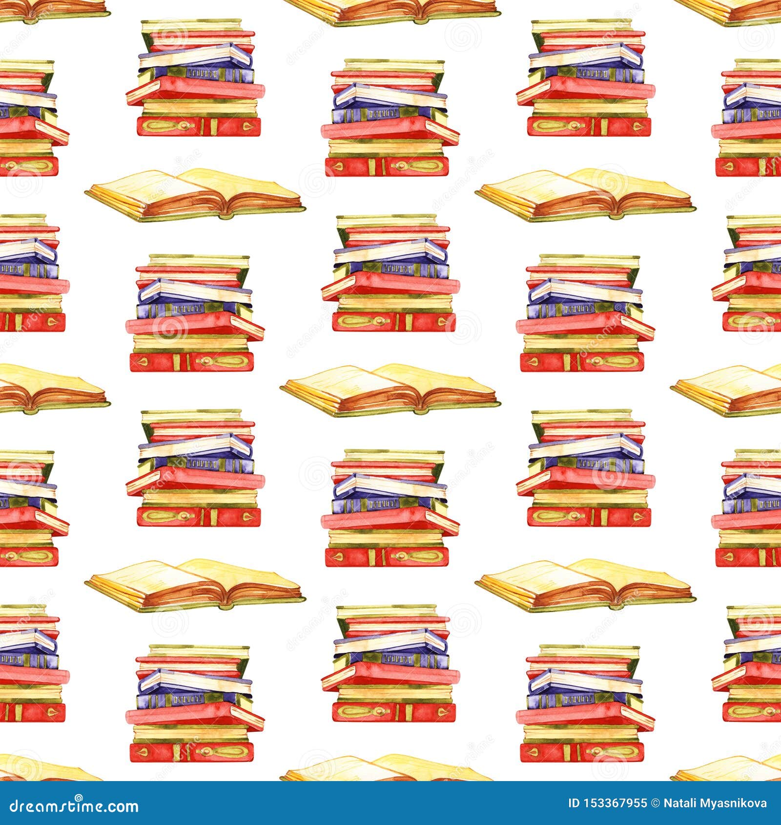 Watercolor Books Seamless Pattern Illustration. Hand Painted Stack of ...