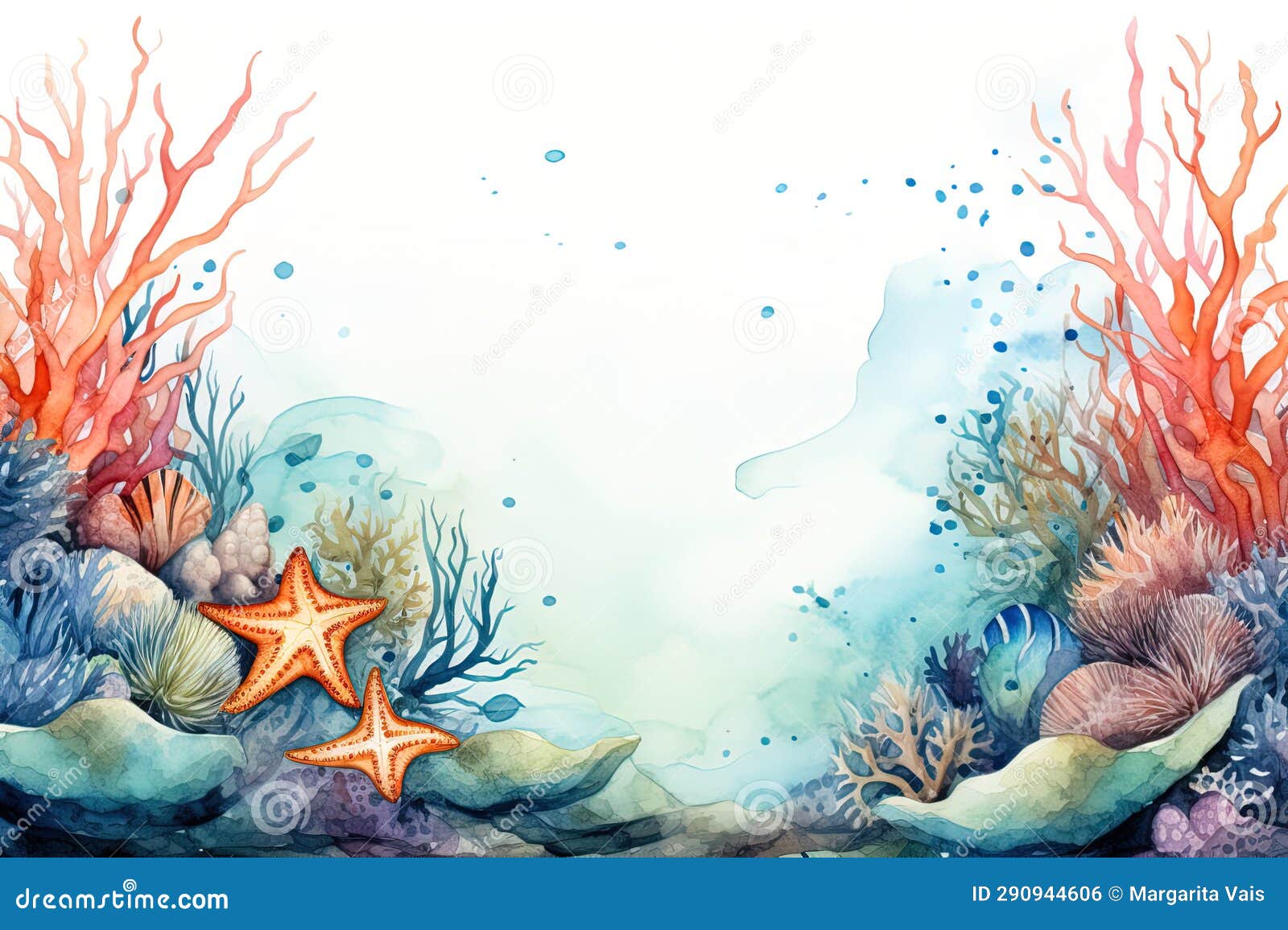 Watercolor Border Frame with Underwater Elements, with Algae and ...