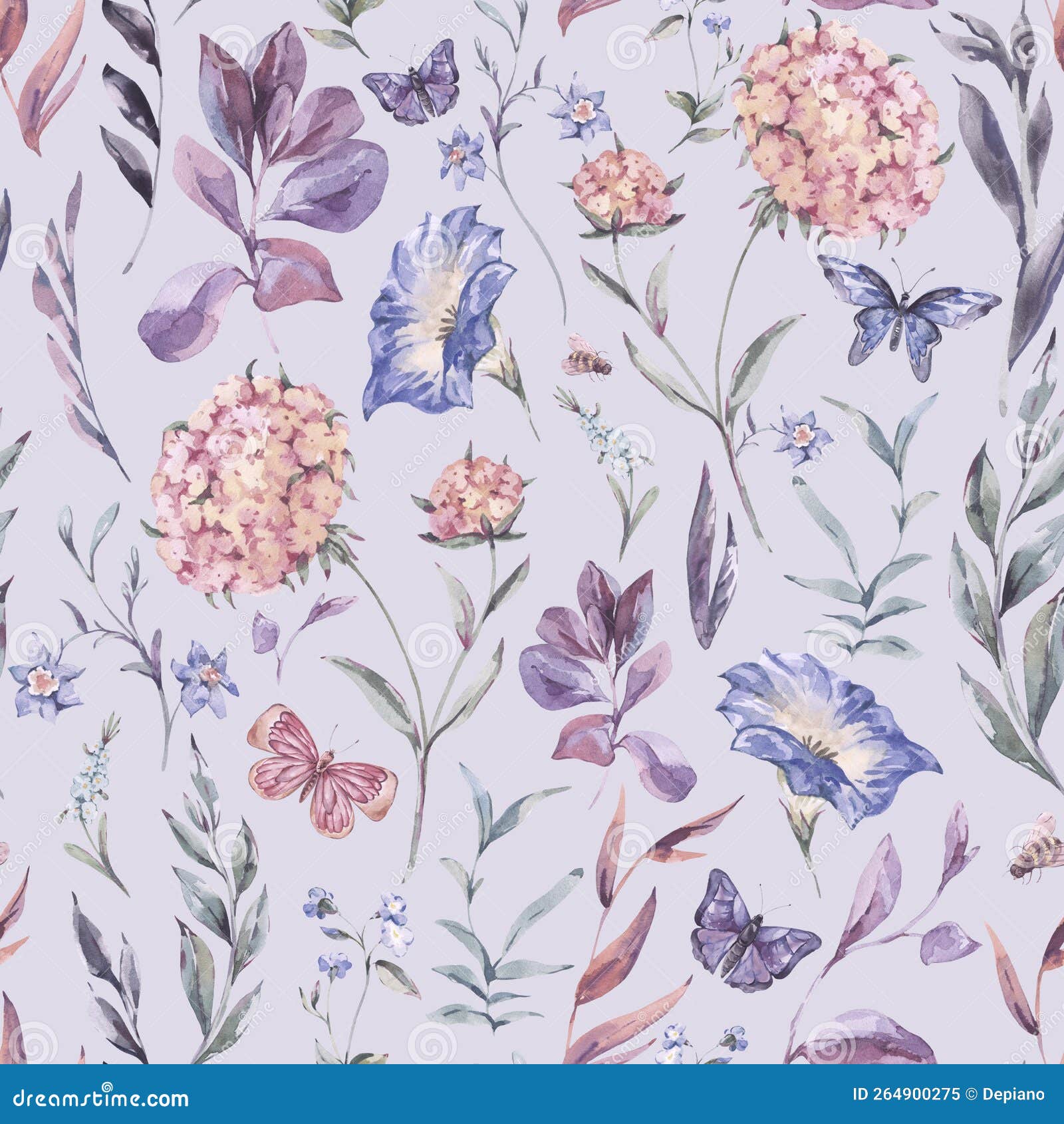 Watercolor Botanical Wildflowers Seamless Pattern, Natural Texture ...