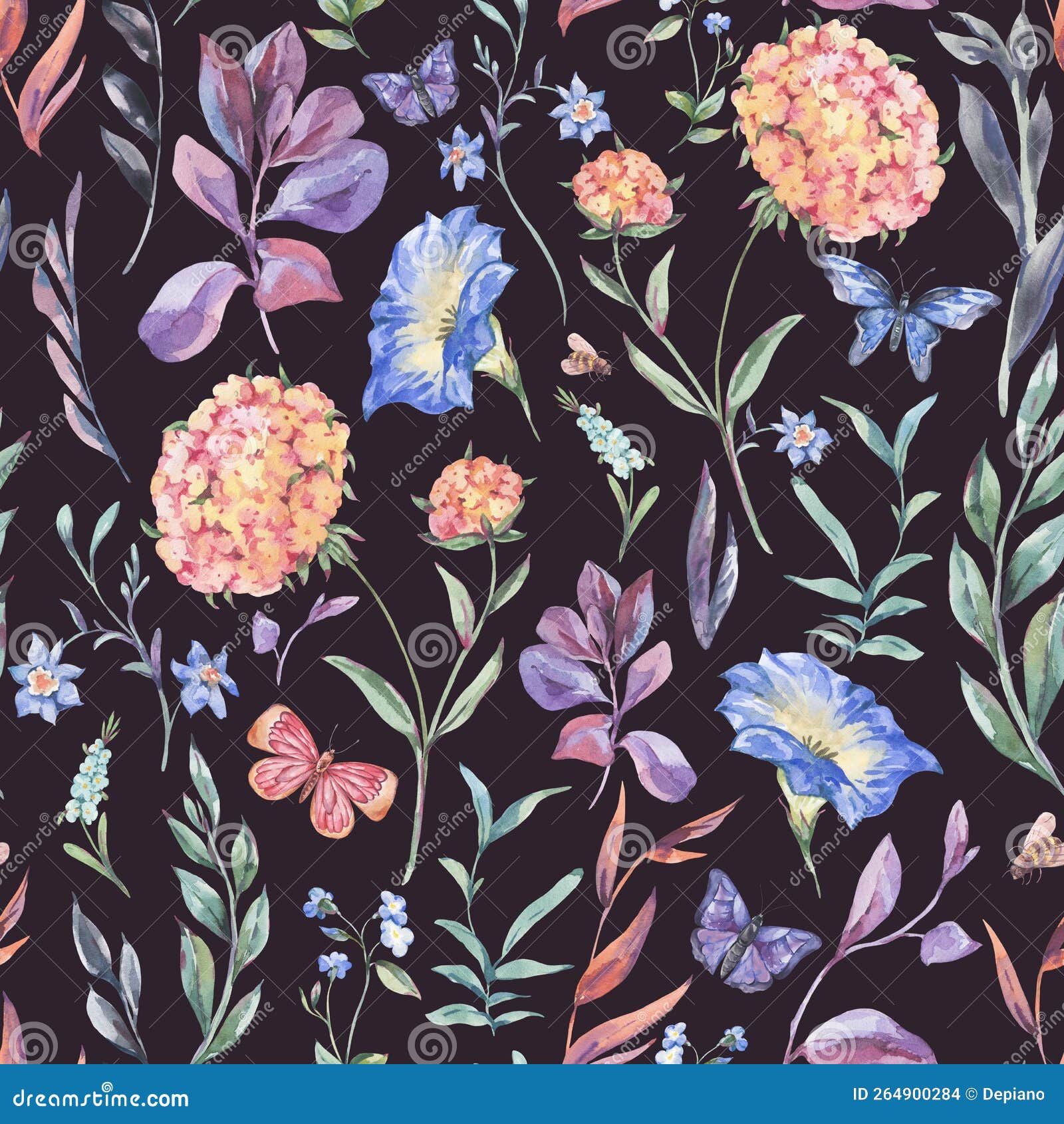 Watercolor Botanical Wildflowers Seamless Pattern, Natural Texture on ...