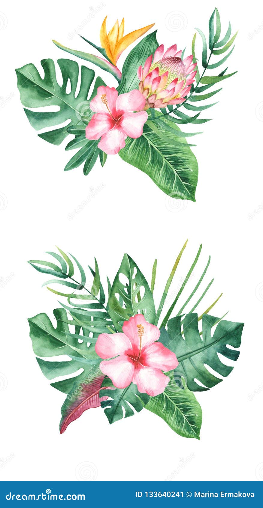 Watercolor Bouquet with Tropical Leaves and Flowers, Watercolor Stains ... Watercolor Bouquet with Tropical Leaves and Flowers, Watercolor Stains ...