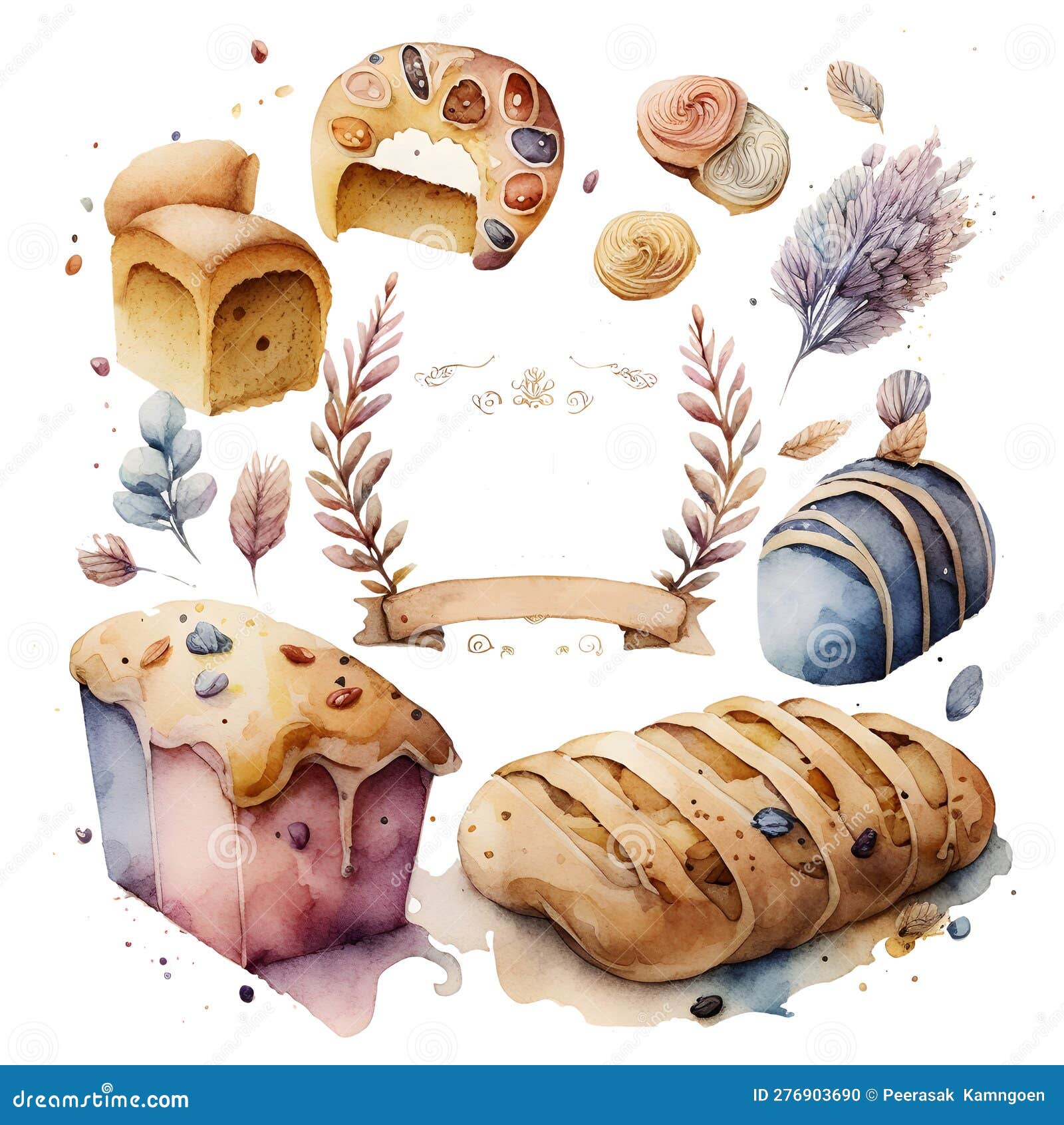 Watercolor Collection of Baked Breads. Watercolor Bread & Bakery.Bakery ...