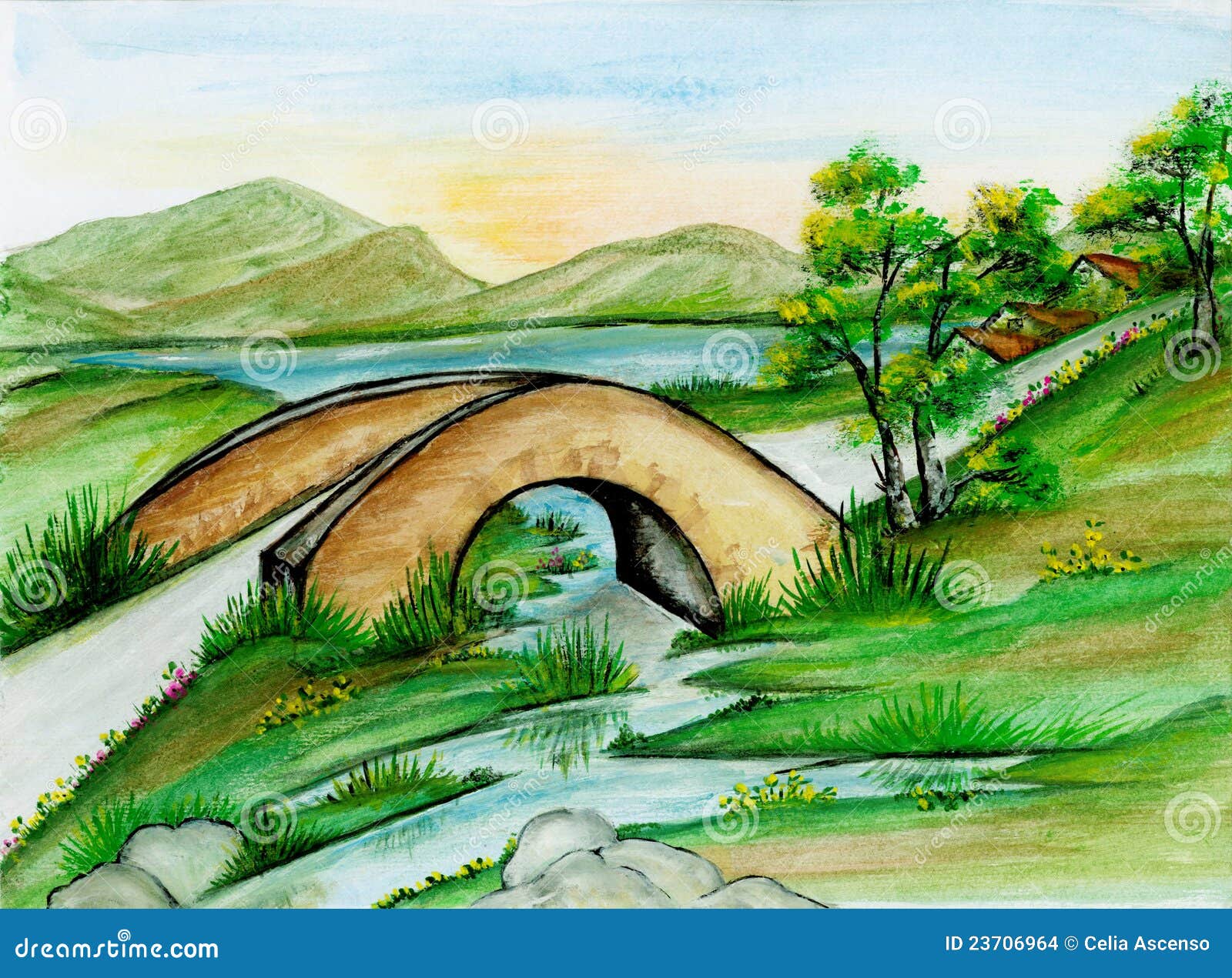 Watercolor Bridge Landscape Stock Illustration - Illustration of ...