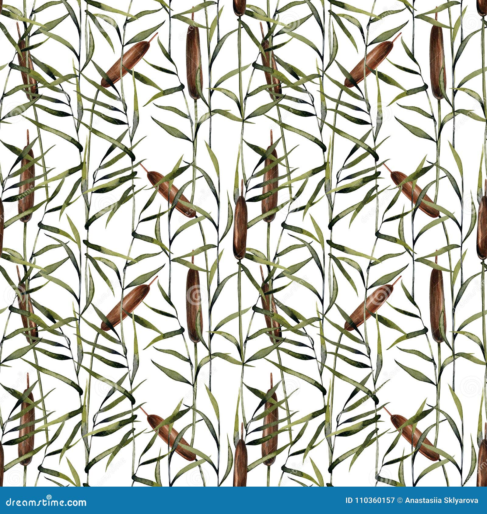 Watercolor Bulrush Seamless Pattern Stock Illustration - Illustration ...