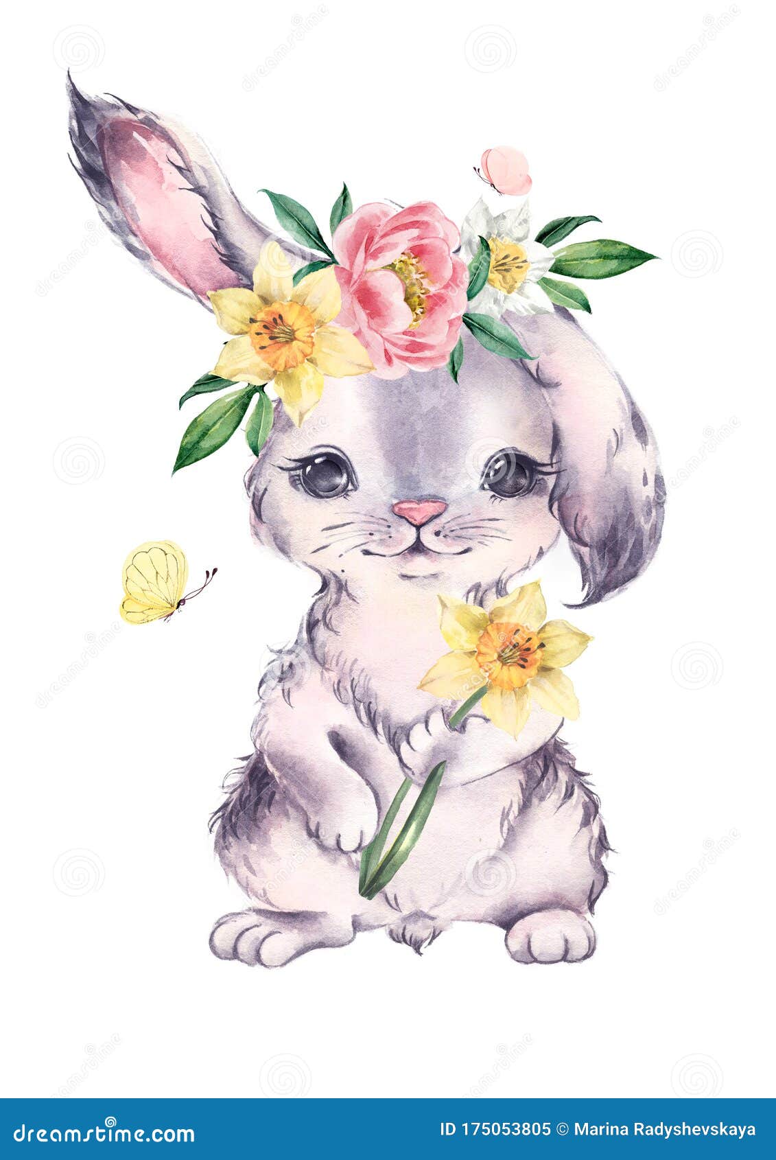 Watercolor Bunny with a Wreath of Spring Flowers. Easter Card. Stock ...