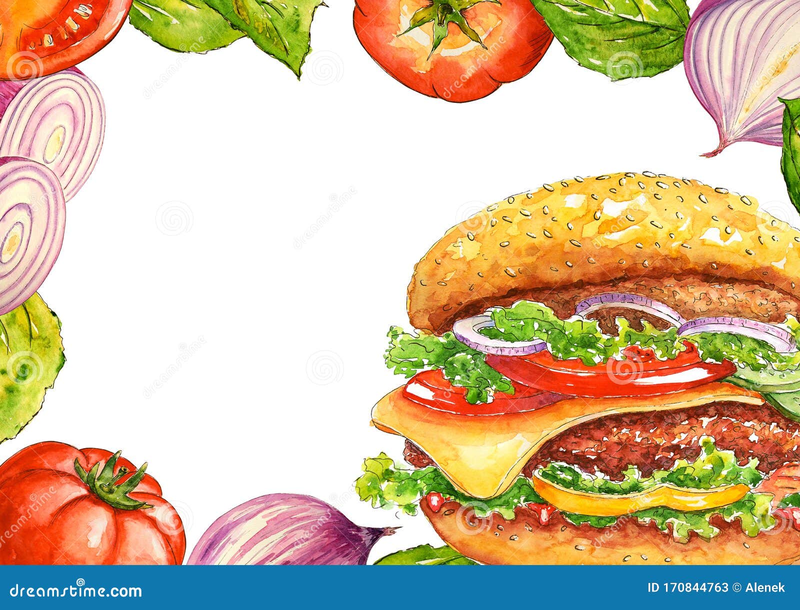 Watercolor Burger With Vegetable Background Beef Hamburger With Steak