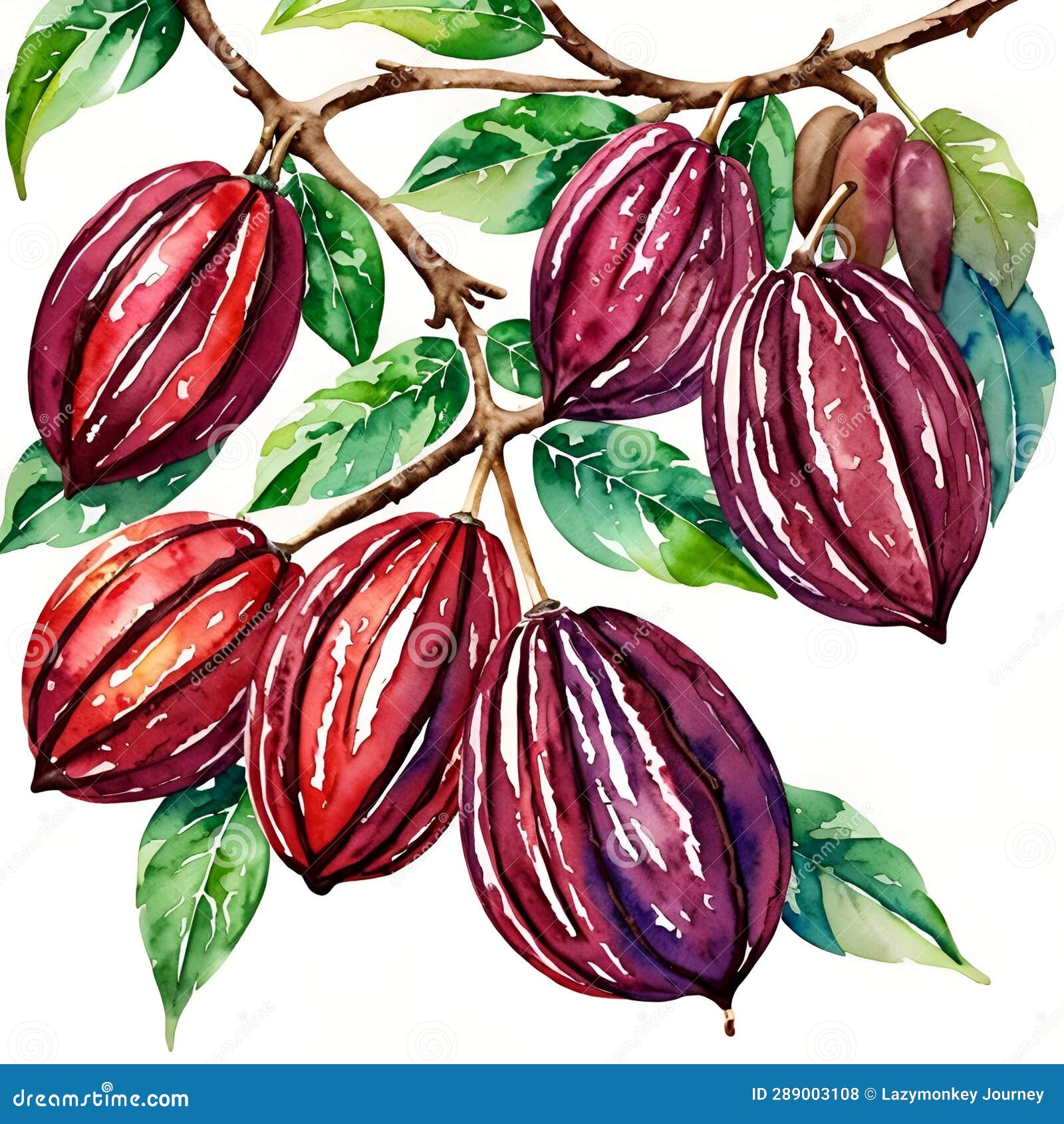 Watercolor Cacao Tree with Fruit Stock Illustration - Illustration of ...