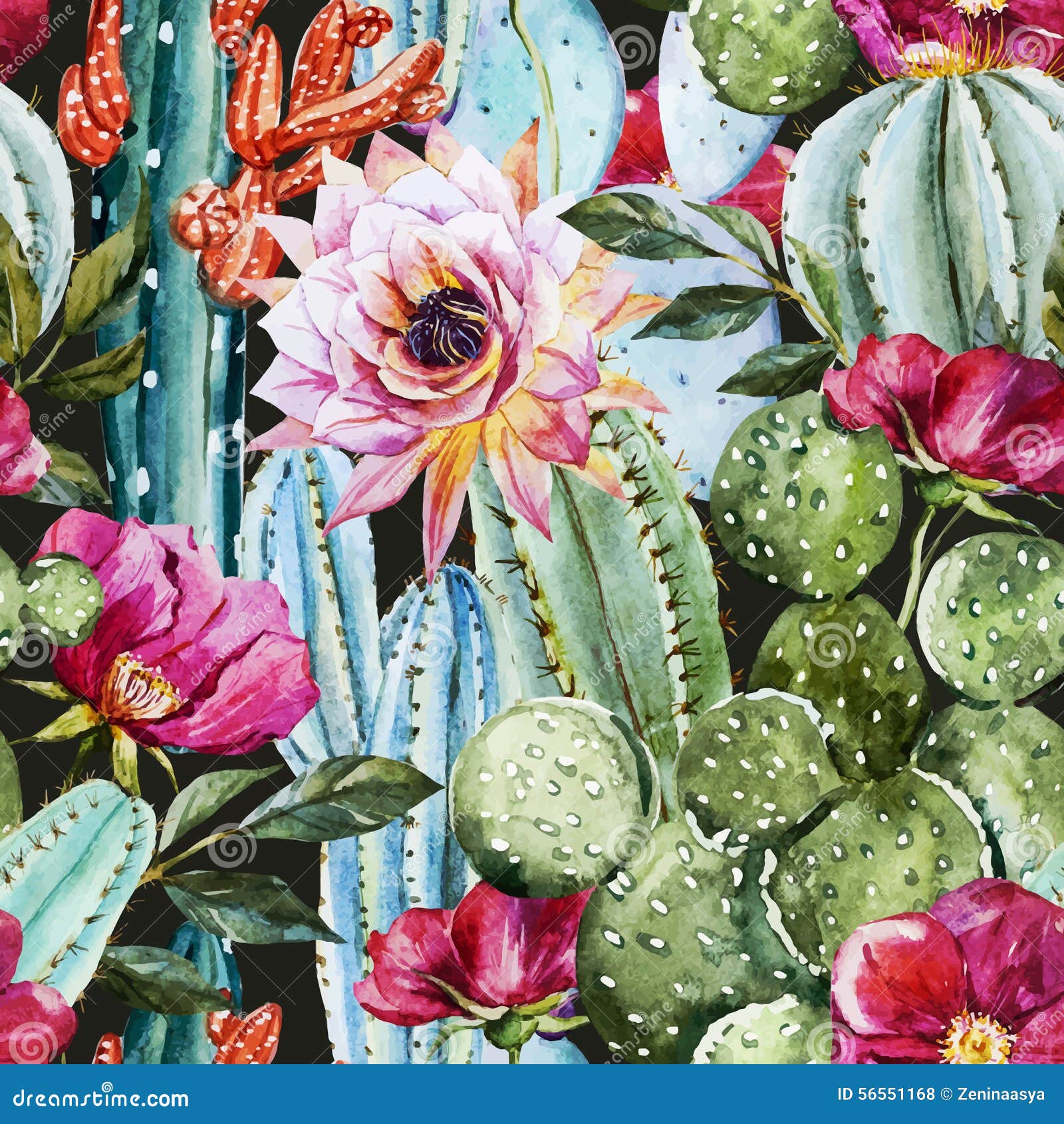 Watercolor cactus pattern stock vector. Illustration of graphic - 56551168