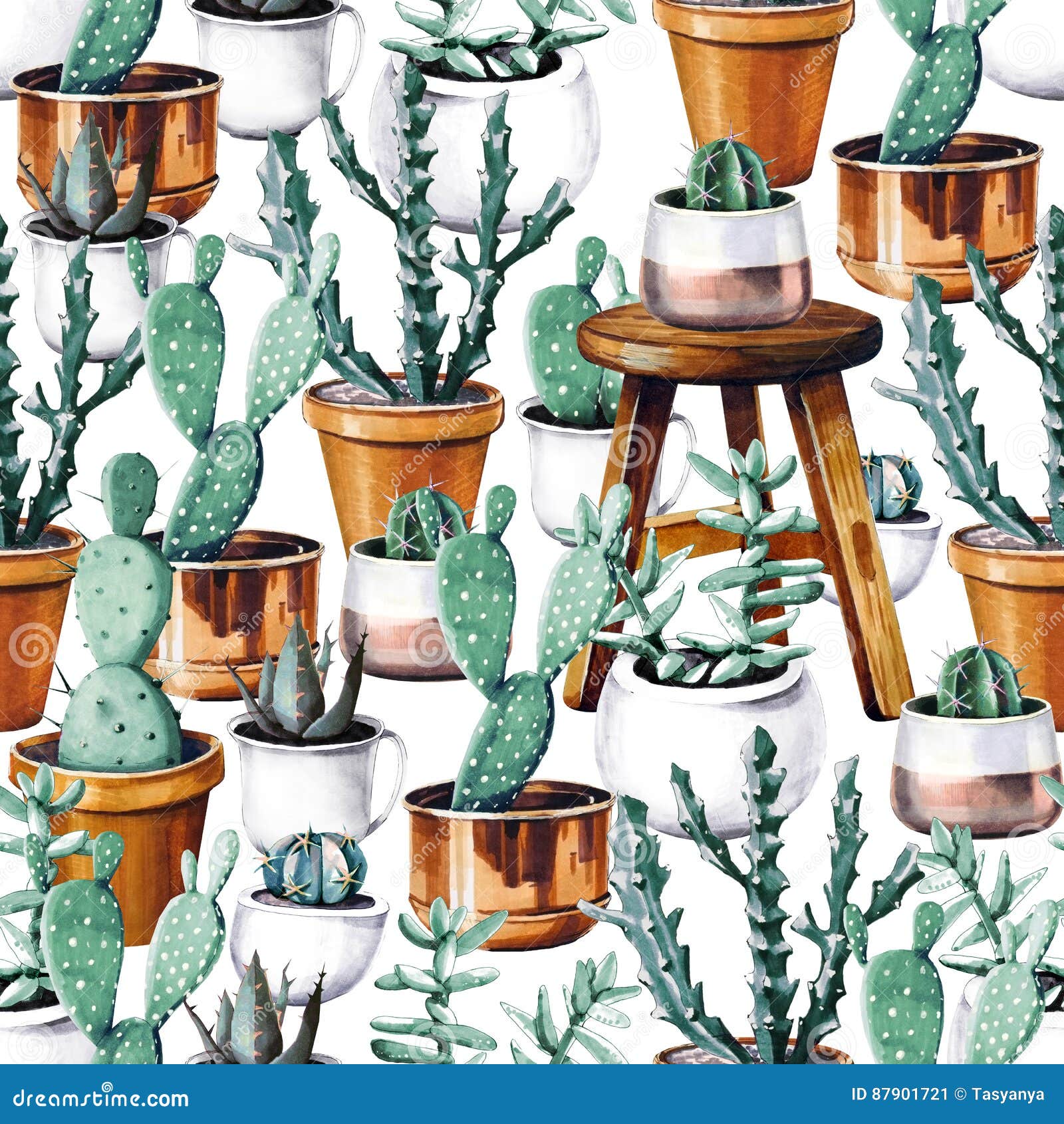 Watercolor Cactus Tropical Garden Seamless Pattern. Watercolour Cactus ...