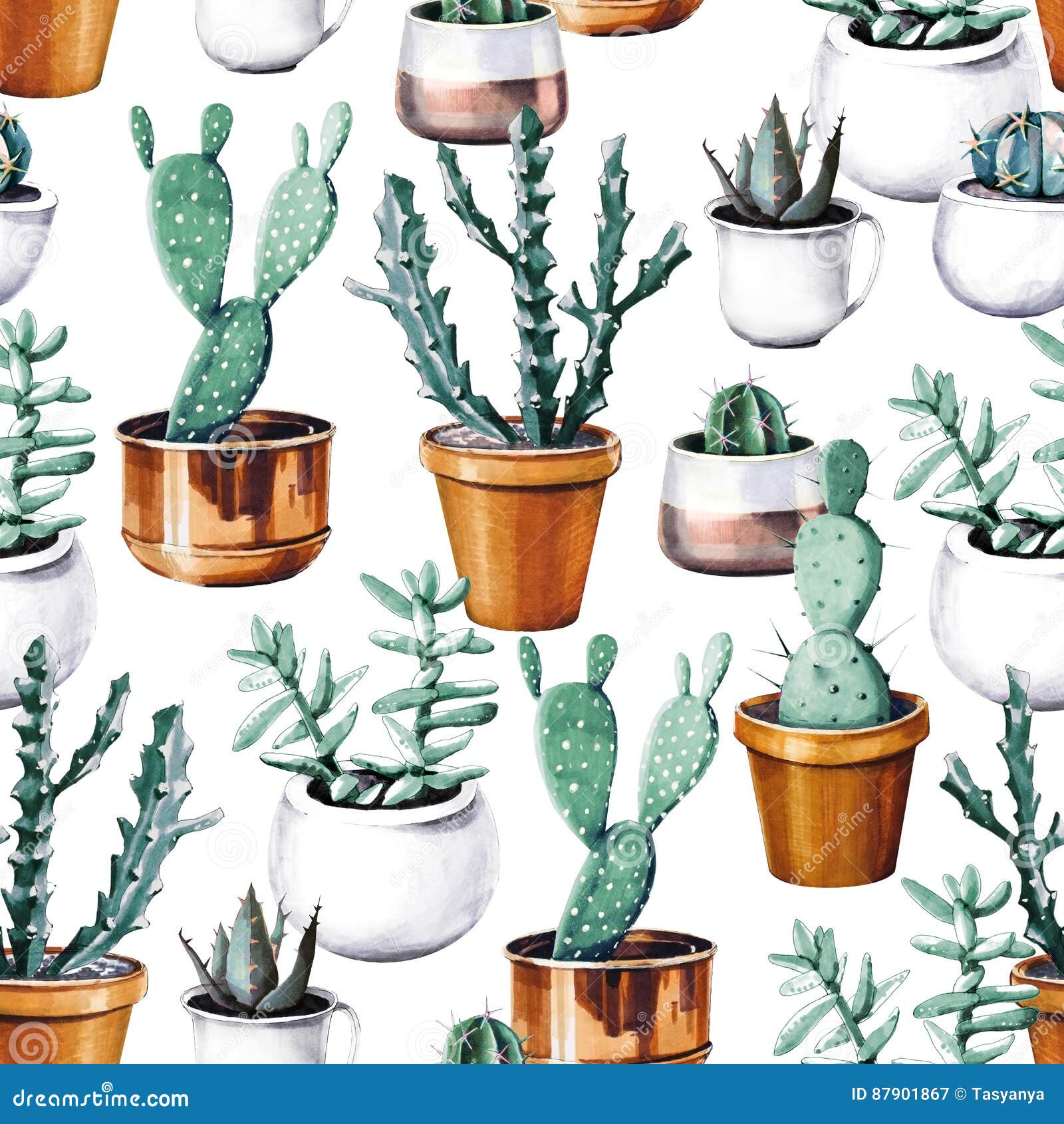 Watercolor Cactus Tropical Garden Seamless Pattern. Watercolour Cactus ...
