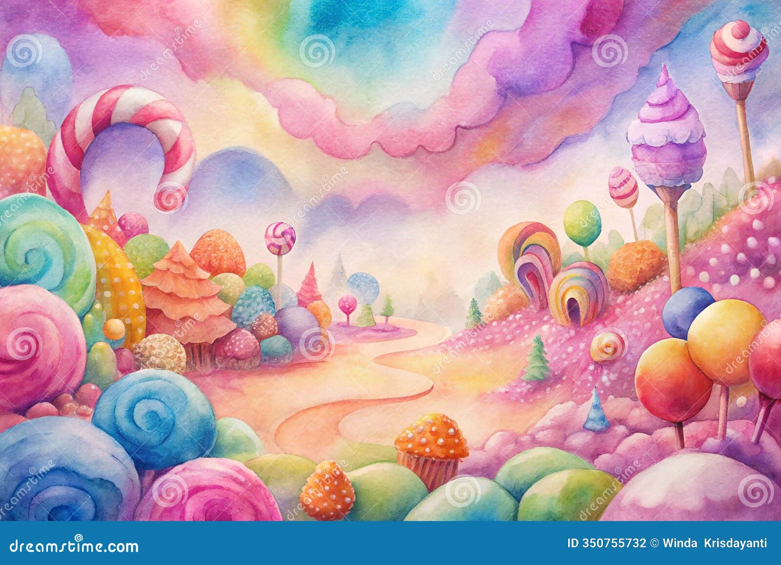 Watercolor Candy Land Landscape with Whimsical Path Stock Illustration ...